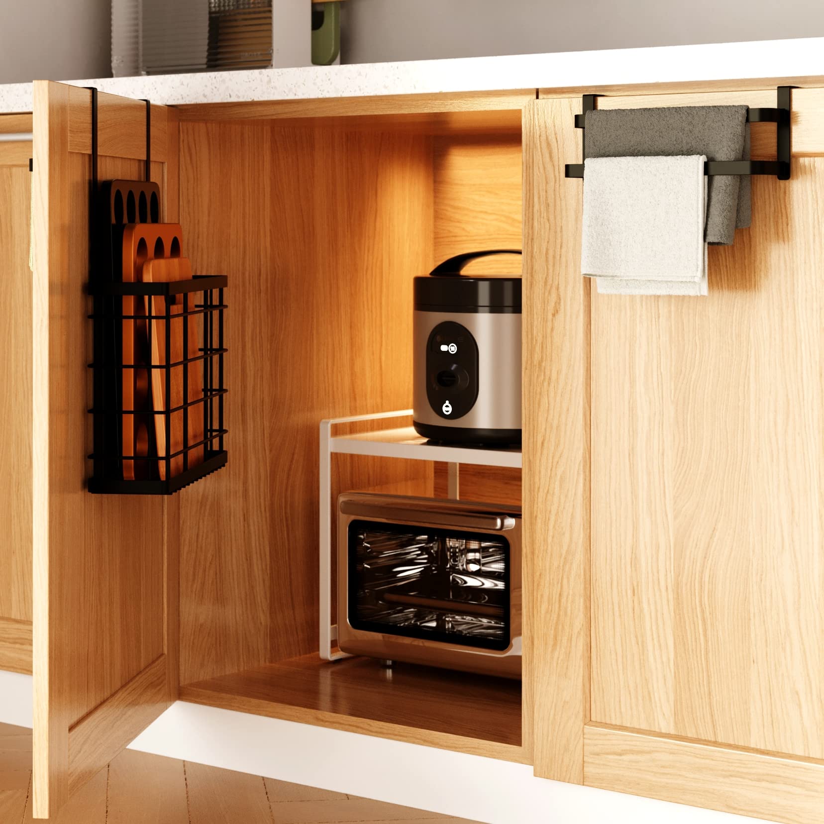 LIVOD 2 Pack Cabinet Door Organizer with 2 Double Towel Bar, Cutting Board Organizer, Kitchen Towel Holder with Foil and Wrap Organizer