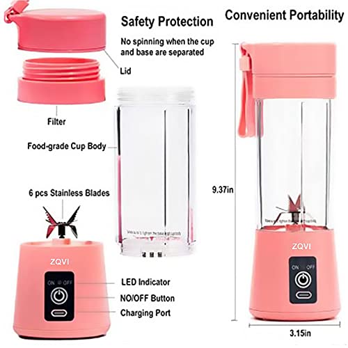 Portable Blender,Portable Juicer,Fruit Mixer - 6 Blades in 3D, 380ml Fruit Mixing Machine with USB Charger Cable(Pink)