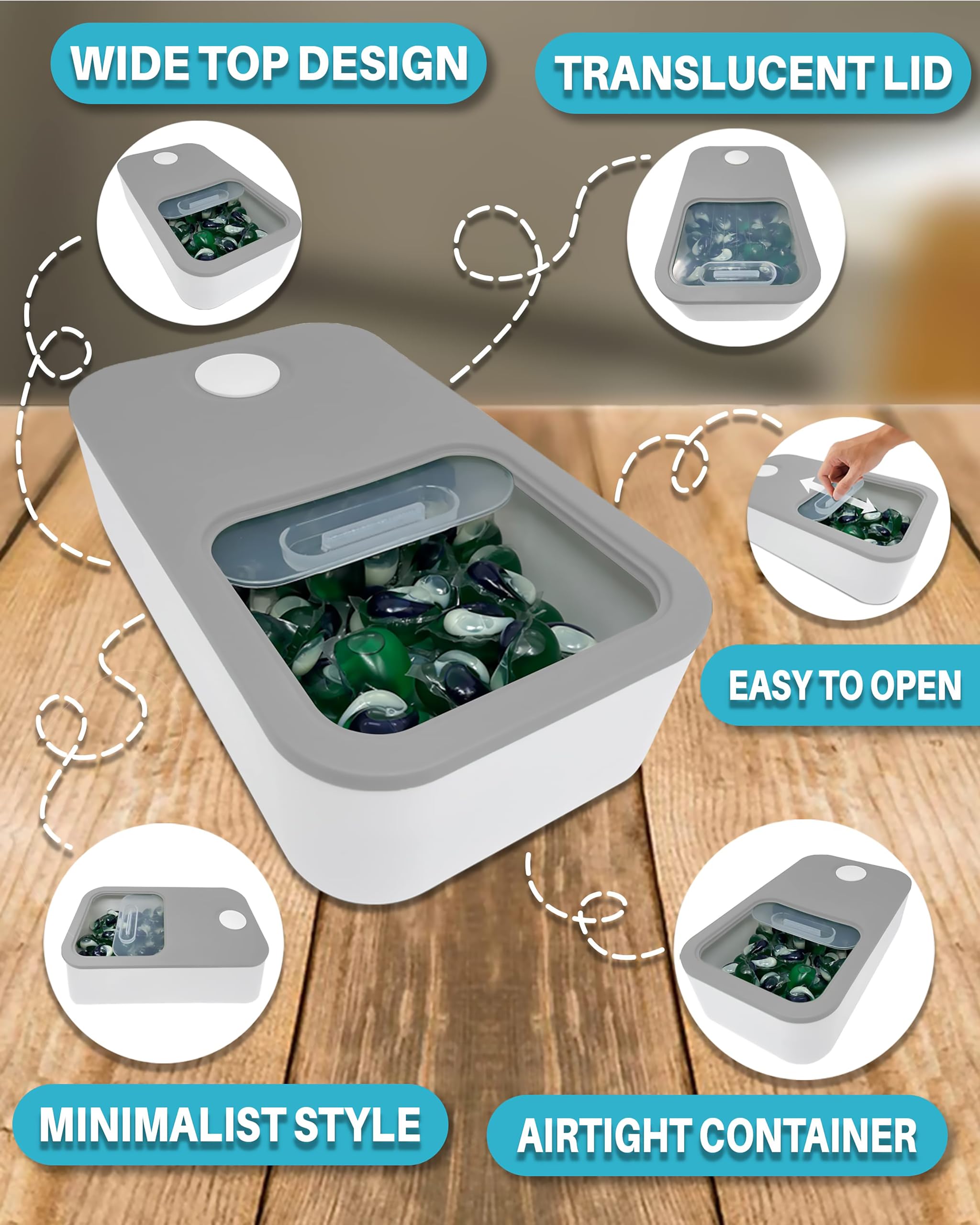 Skywin Large Laundry Pods Container with Slide Lid, Laundry Pod Holder 15 x 8.7 x 4.5 In, Holds 11 Pounds OR 120-150 Pods, Laundry Pod Container, Dishwasher Pods Container (White)