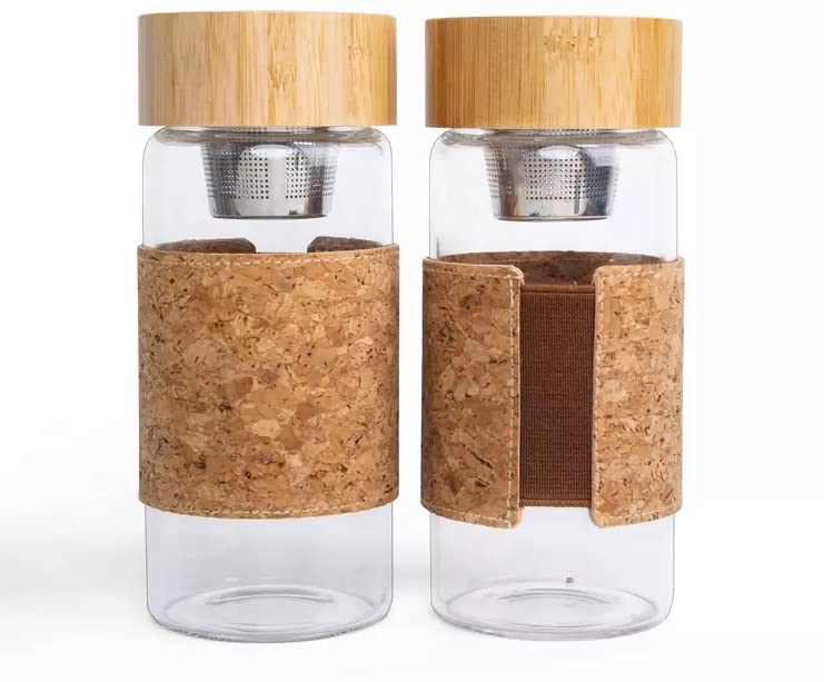 Miller Eclipse Cork Tea Infuzer Glass 12oz 350ml Iced Coffee Overnight Oats Dual-lid On the Go Stylish