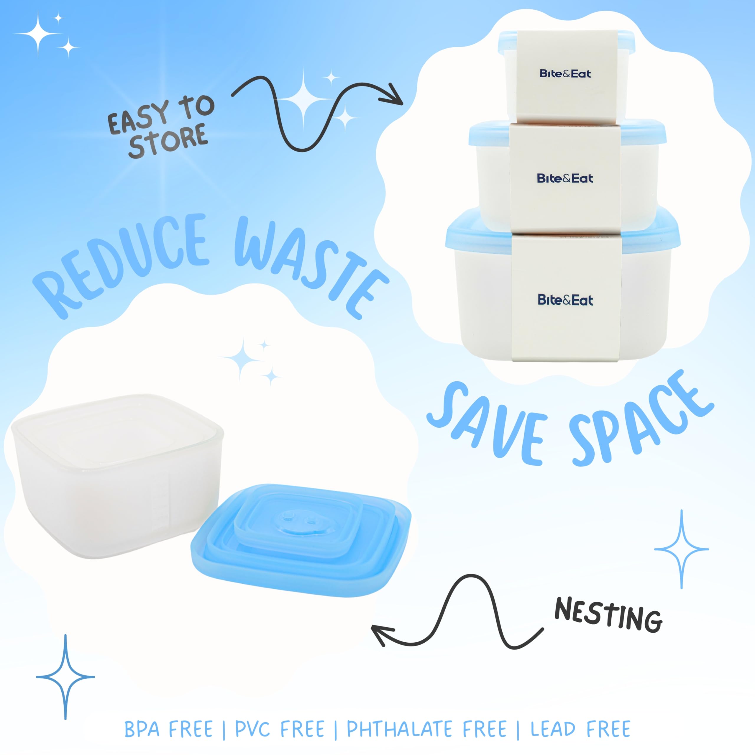 Bite&Eat Silicone Food Storage Containers | BPA Free, Airtight, Dishwasher, and Freezer Safe with Lids | Air Vent Nesting Containers Safe for Microwave | Set of 3 (5.7oz, 10oz, 20oz) - Blue/Clear