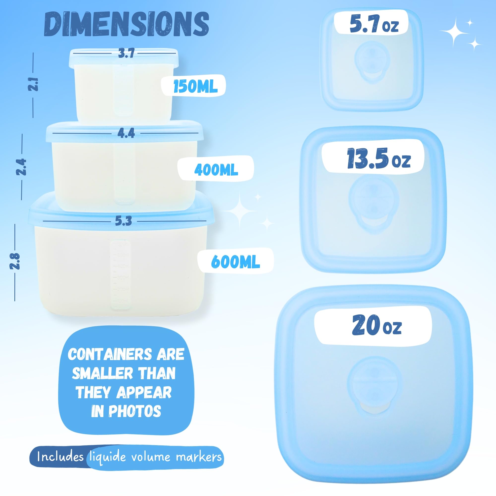 Bite&Eat Silicone Food Storage Containers | BPA Free, Airtight, Dishwasher, and Freezer Safe with Lids | Air Vent Nesting Containers Safe for Microwave | Set of 3 (5.7oz, 10oz, 20oz) - Blue/Clear