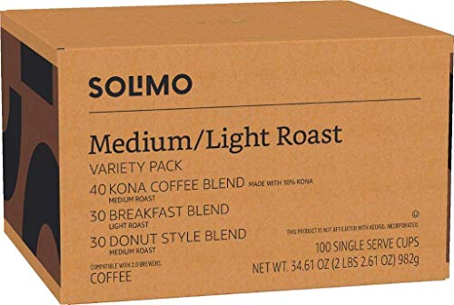 Amazon Brand - 100 Ct. Solimo Variety Pack Light and Medium Roast Coffee Pods (Kona, Breakfast, Donut), Compatible with Keurig 2.0 K-Cup Brewers