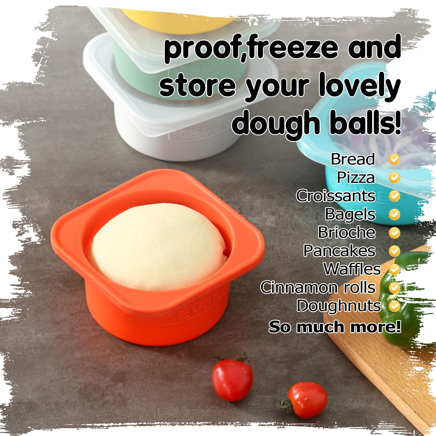 KEVJES Stackable Silicone Pizza Dough Proofing Containers with Lids-500ml portion-6pack (1 Yellow+1 Green+1Blue+1 Gray+1 Space Gray+1 Red)