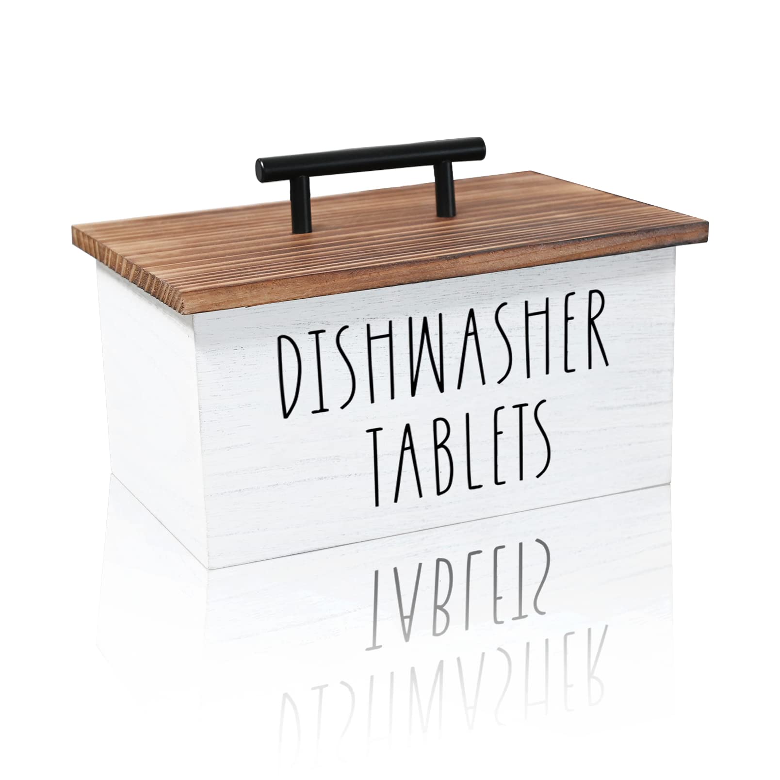 Dishwasher Pod Container, Farmhouse Dishwasher Pods Holder, Kitchen Tablet Organizer, Wood Dishwasher Tablet Dispenser Caddy, Rustic Powder Coated Box with Lid