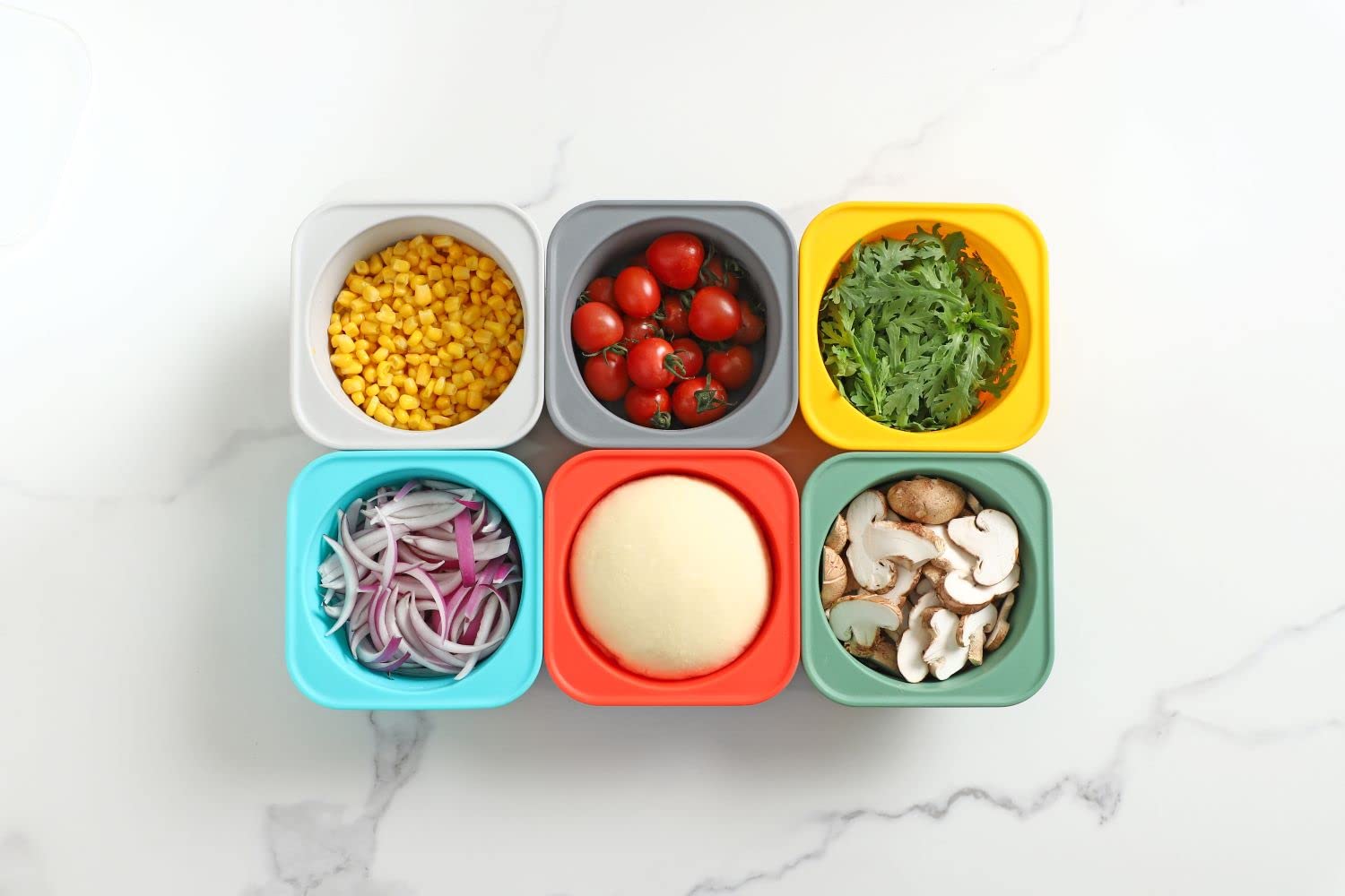 KEVJES Stackable Silicone Pizza Dough Proofing Containers with Lids-500ml portion-6pack (1 Yellow+1 Green+1Blue+1 Gray+1 Space Gray+1 Red)
