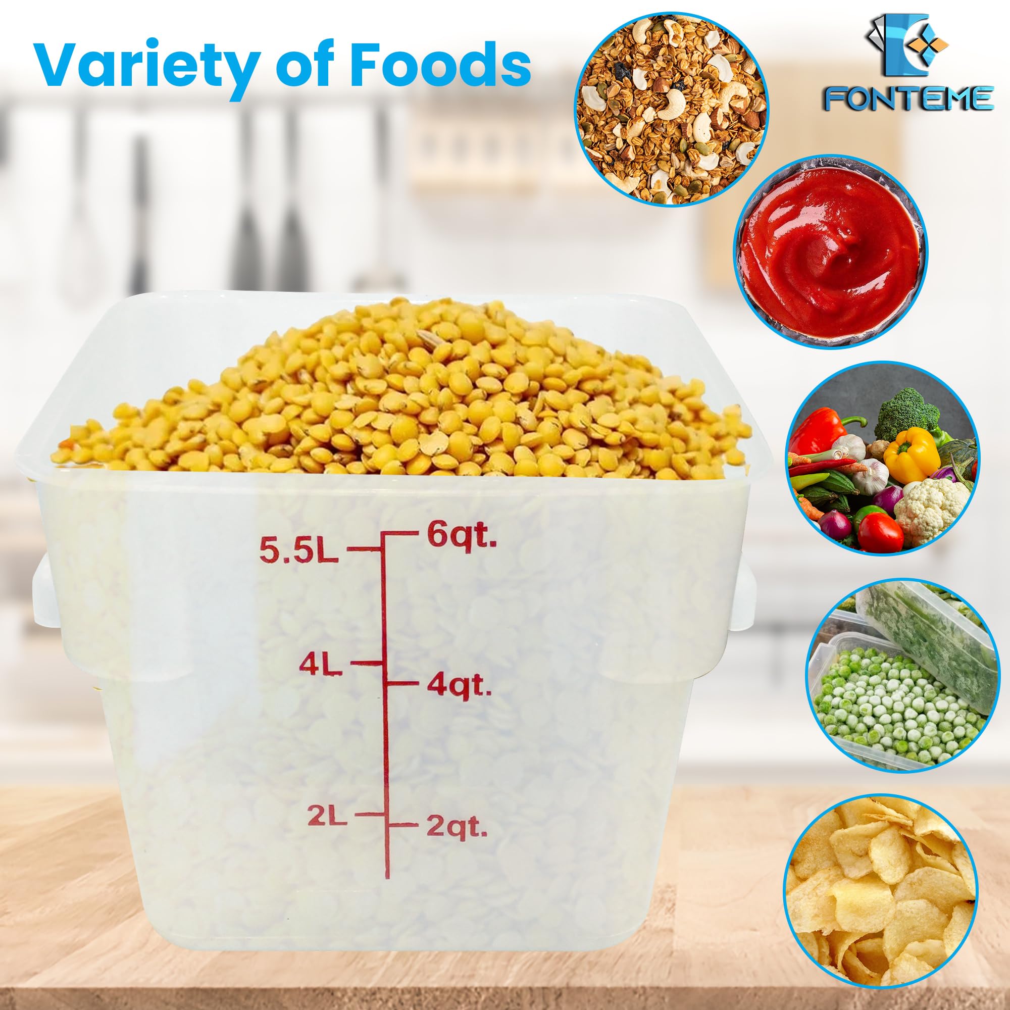 Fonteme Polypropylene Square Food Storage Container - 6 Qt | Translucent Plastic Food Container with Red Lid & Easy-to-Read Measurements | BPA-Free and Dishwasher Safe | Keeps Food Fresh and Safe