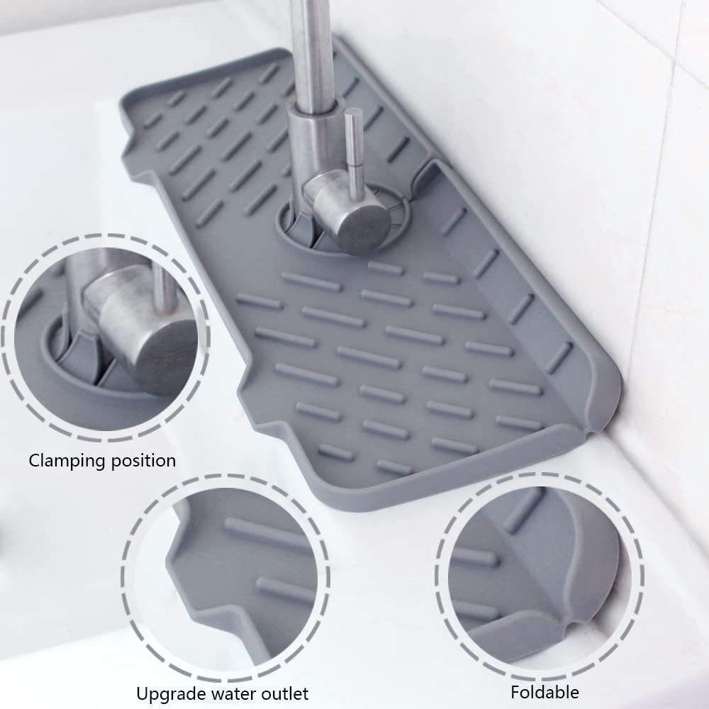 kukifun Silicone Faucet Handle Drip Catcher Tray,Kitchen Sink Faucet Splash Guard,Silicone Tap Drip Tray,Silicone Draining Mat,Kitchen Sink Mat,Silicone Drying Mat,Sink Protector,Gray,A Style