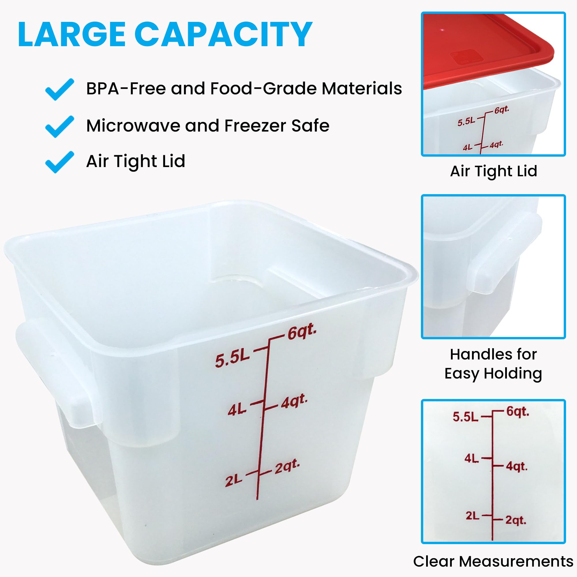 Fonteme Polypropylene Square Food Storage Container - 6 Qt | Translucent Plastic Food Container with Red Lid & Easy-to-Read Measurements | BPA-Free and Dishwasher Safe | Keeps Food Fresh and Safe