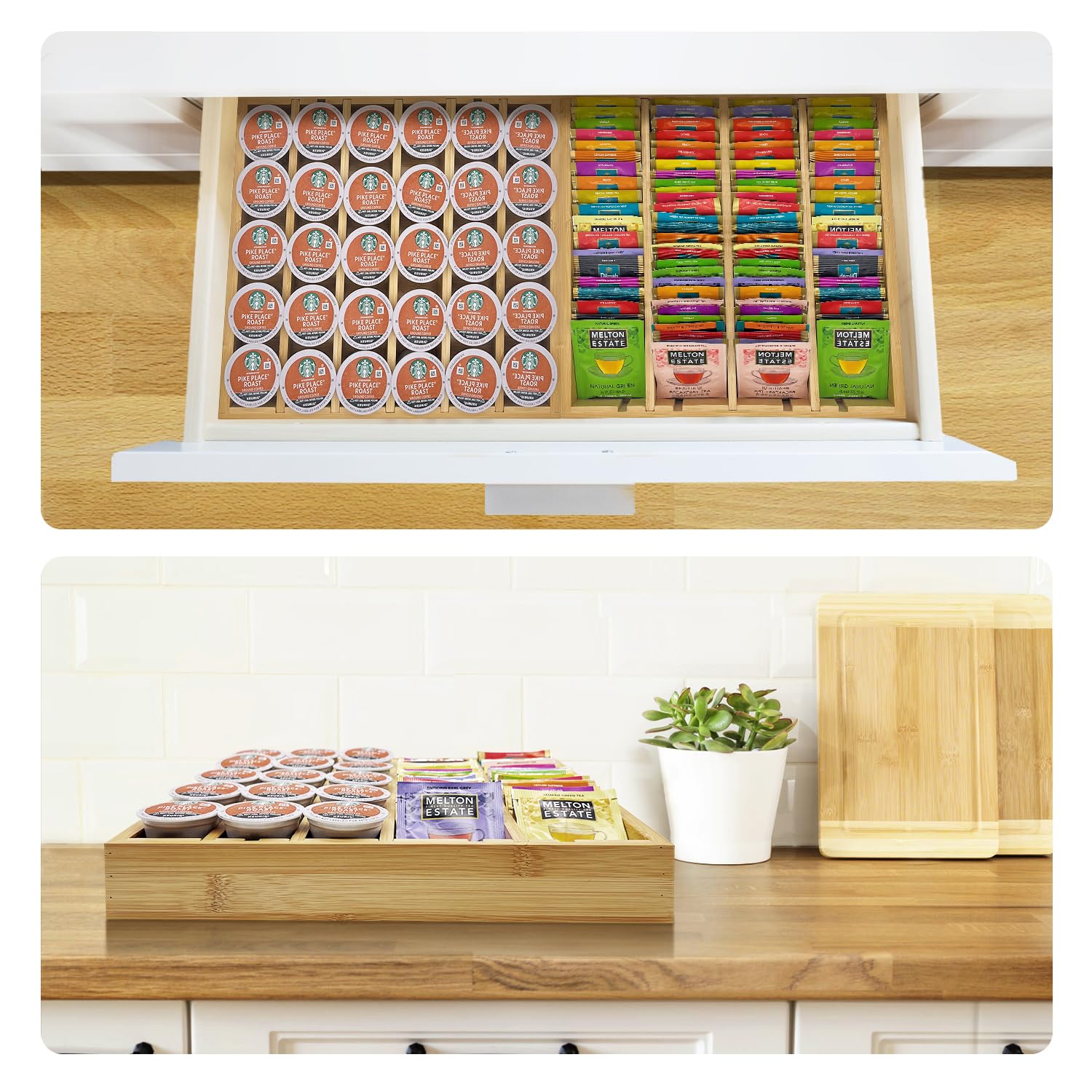 Bayting Bamboo K Cup Holder, Coffee Pod and Tea Bag Organizer for Drawer or Countertop, Adjustable K Cup or Tea Bag Organizer for Coffee Station, Up to 30 K Cups