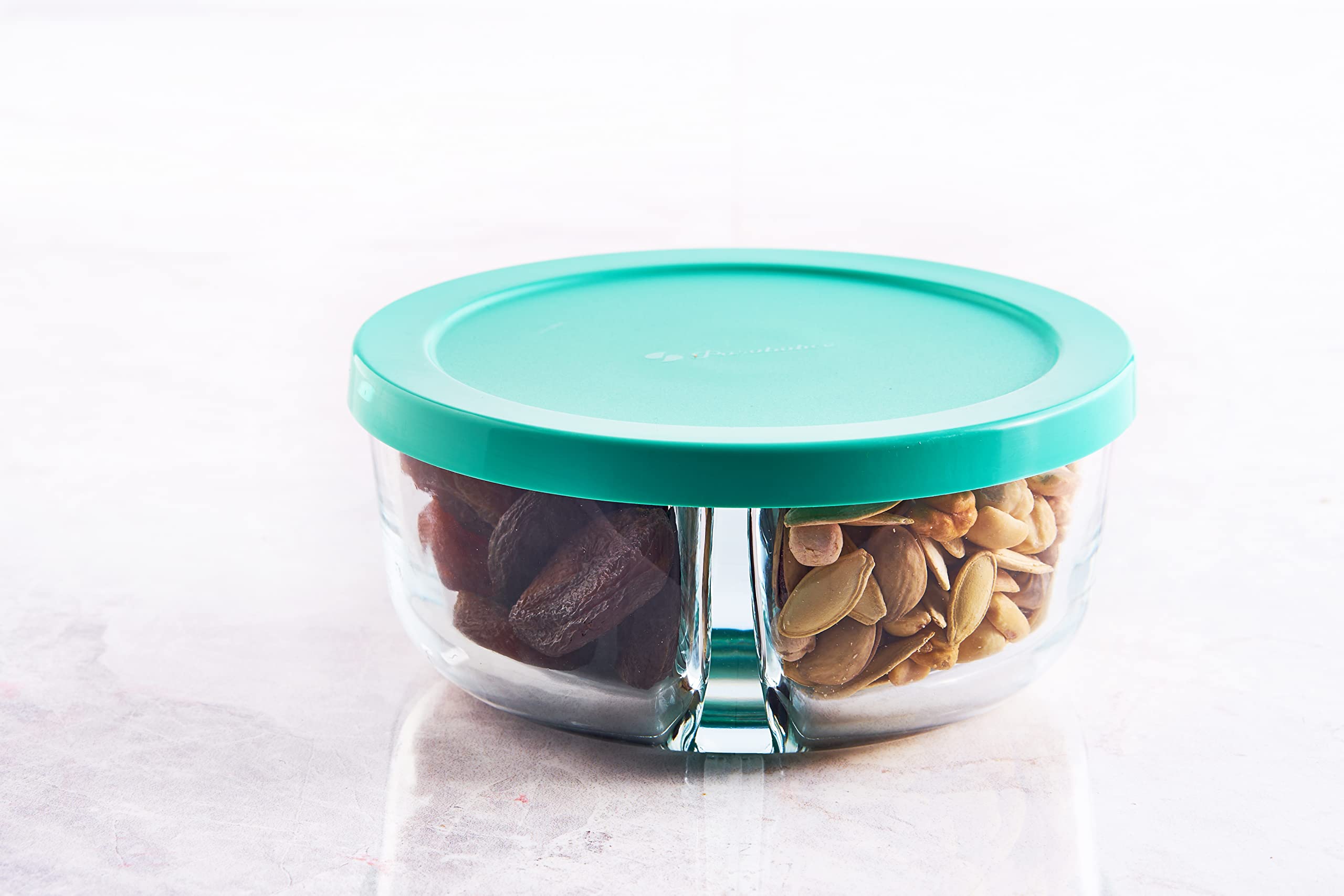 Biandeco Glass Food Storage Container 2 Compartments with Lid, Glass Lunch Containers, Glass Food Prep Containers with Lids Lunch Box Snack Container for Oven, 26.54 oz (Green Lid)