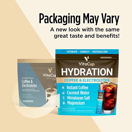 VitaCup Hydration Coffee Packets, The First Coffee That Hydrates You w/ Electrolytes, Coconut Water, Pink Himalayan Salt, Magnesium, Medium Roast, Instant Coffee in Single Serve Sticks, 18 Ct