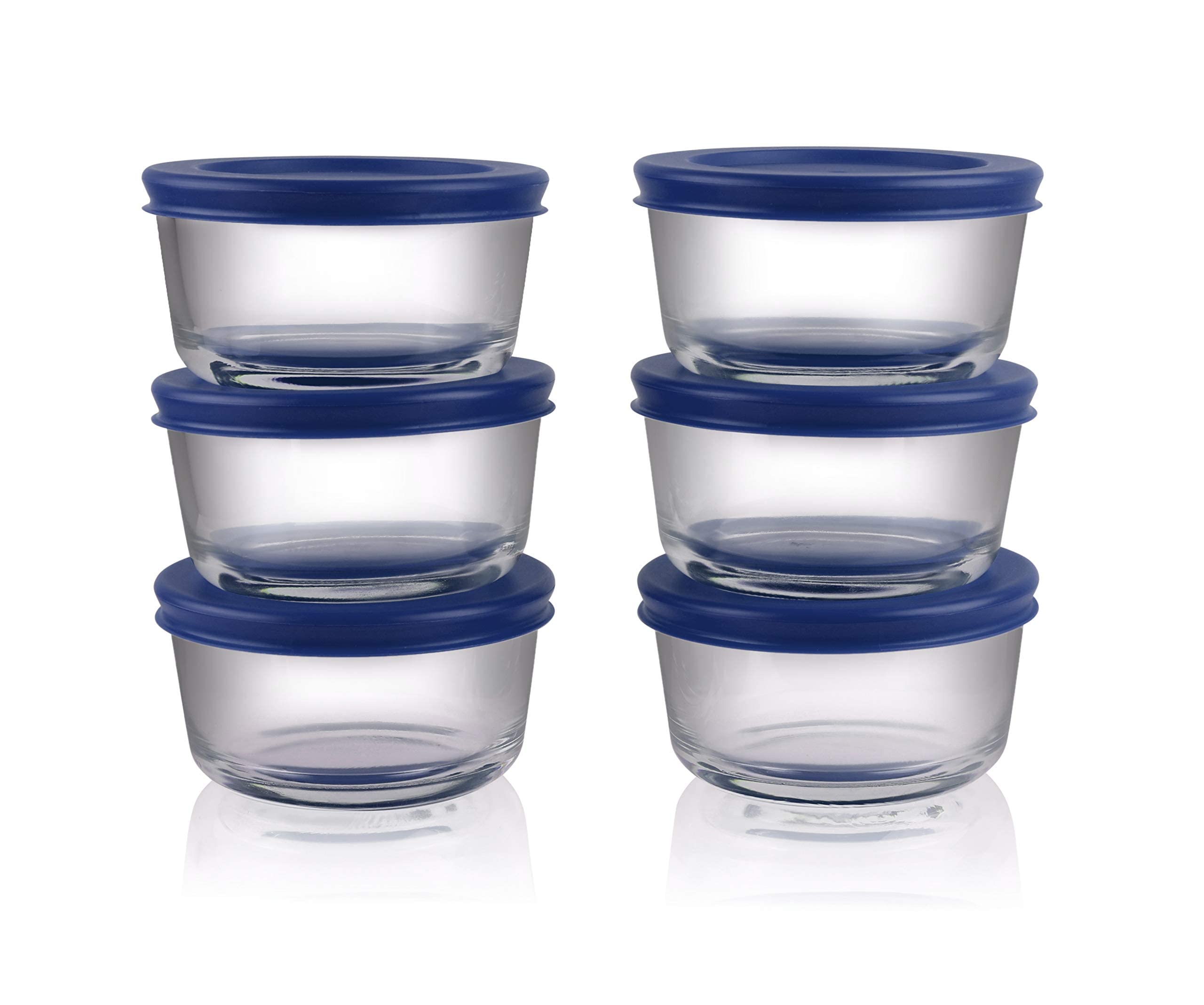 BOVADO USA 1 Cup Glass Food Storage Containers (6 Pack) | Nonpourous Dishwasher, Freezer & Oven Safe Glass, Easy-Clean | Blue Lids