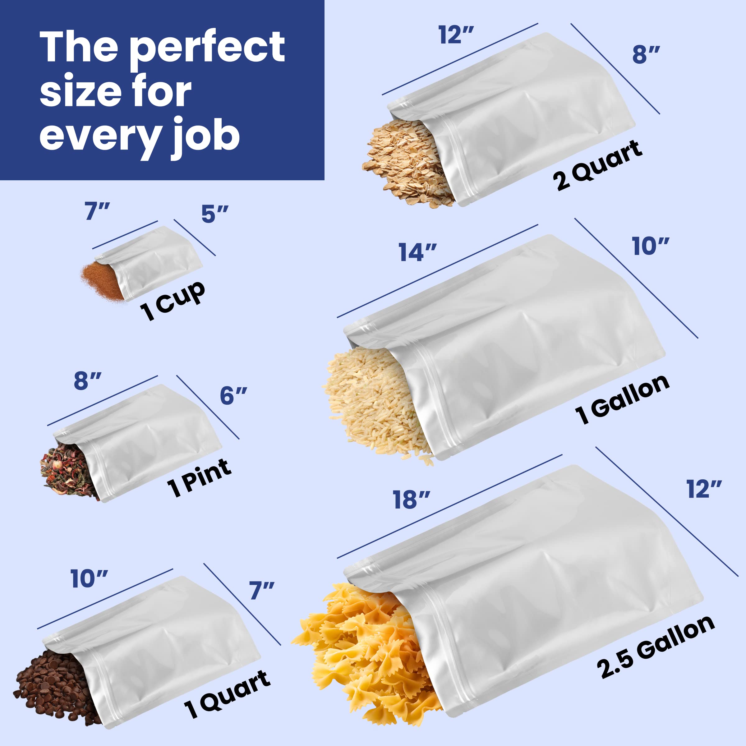 Wallaby 50 Count 1-Pint Gusset Mylar Bags with Labels, 11 Mil Total Thicker Long-Term Food Storage Pouches, 6x8 Stand-Up Zipper Heat-Sealable Airtight Packaging - Silver