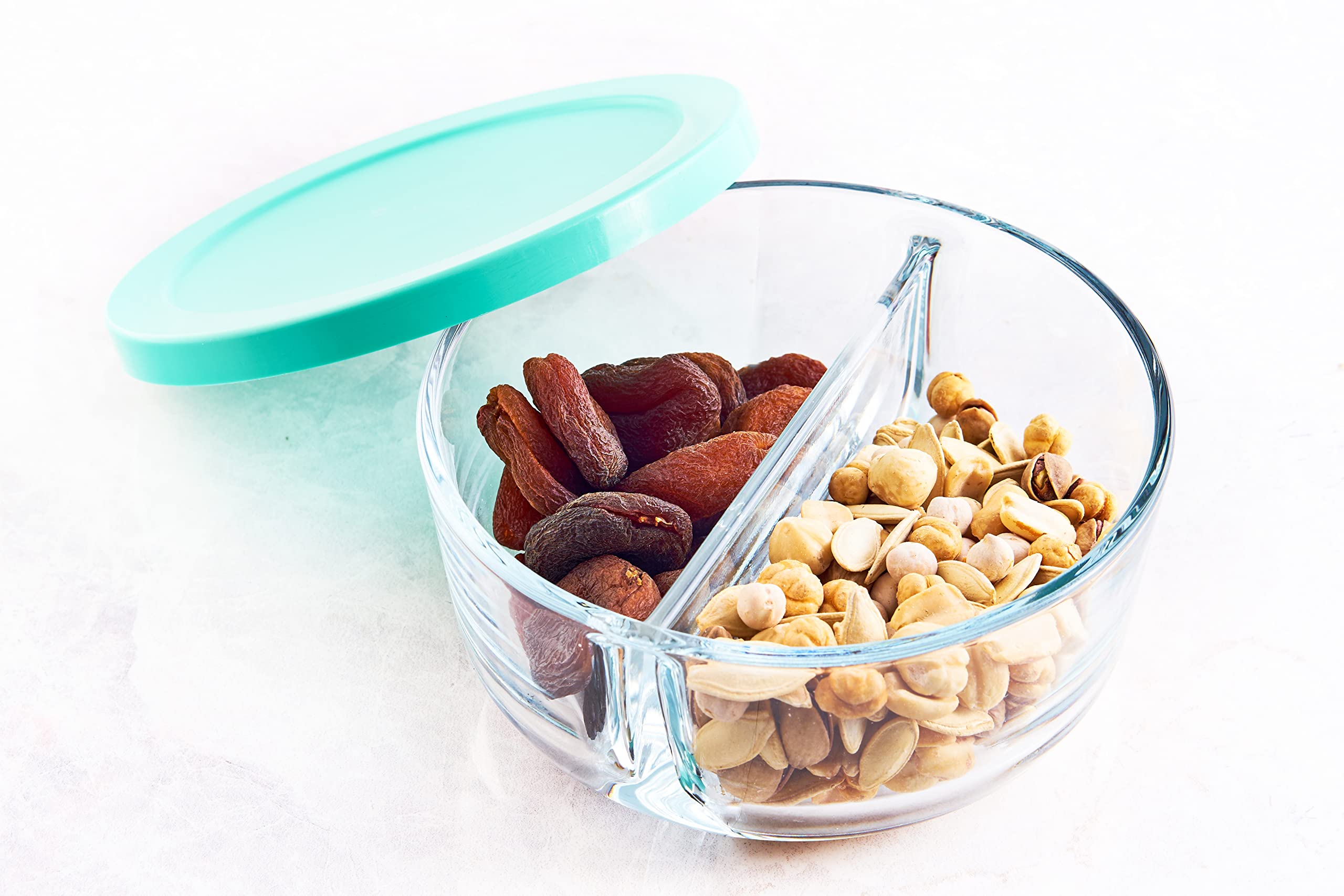 Biandeco Glass Food Storage Container 2 Compartments with Lid, Glass Lunch Containers, Glass Food Prep Containers with Lids Lunch Box Snack Container for Oven, 26.54 oz (Green Lid)