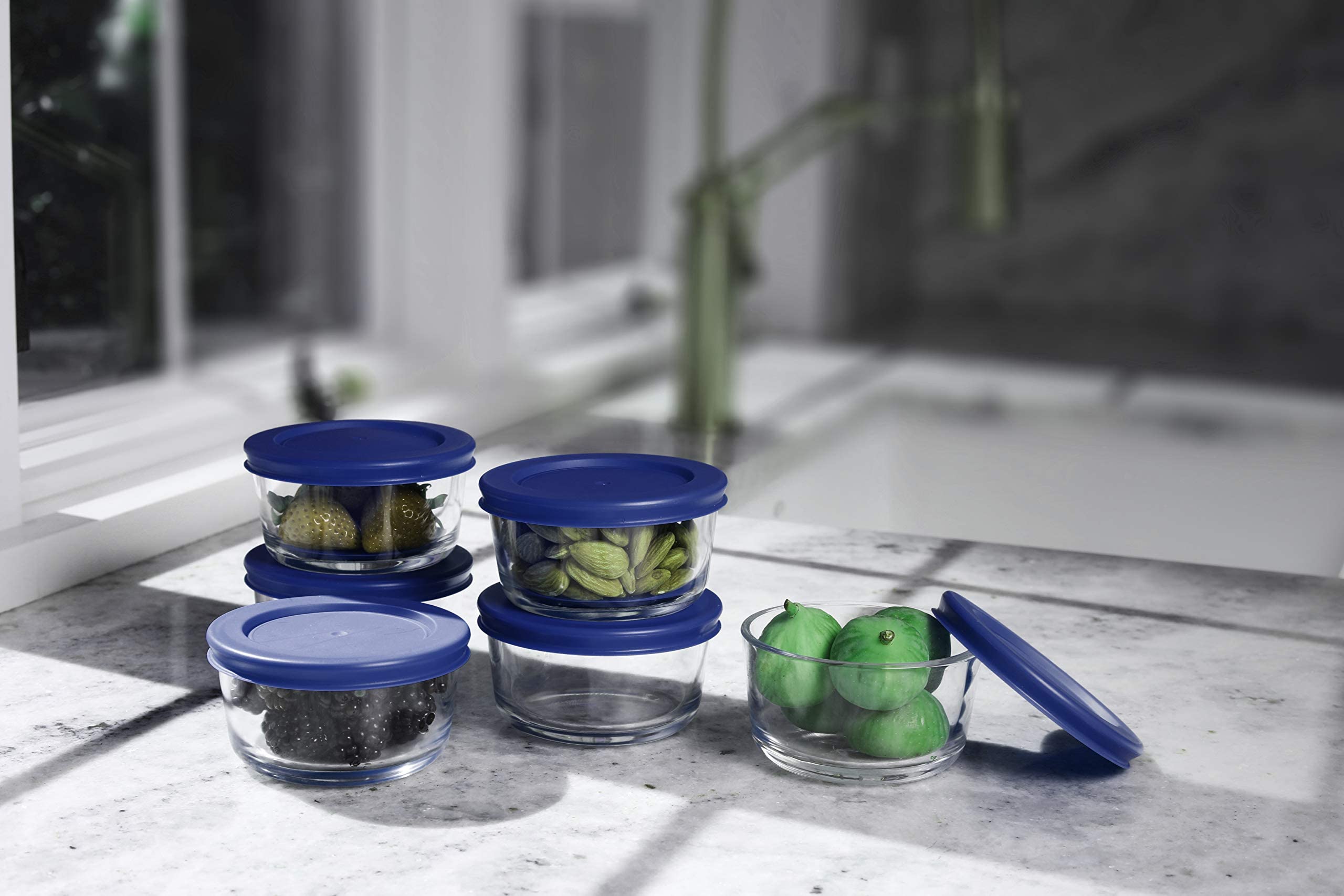 BOVADO USA 1 Cup Glass Food Storage Containers (6 Pack) | Nonpourous Dishwasher, Freezer & Oven Safe Glass, Easy-Clean | Blue Lids