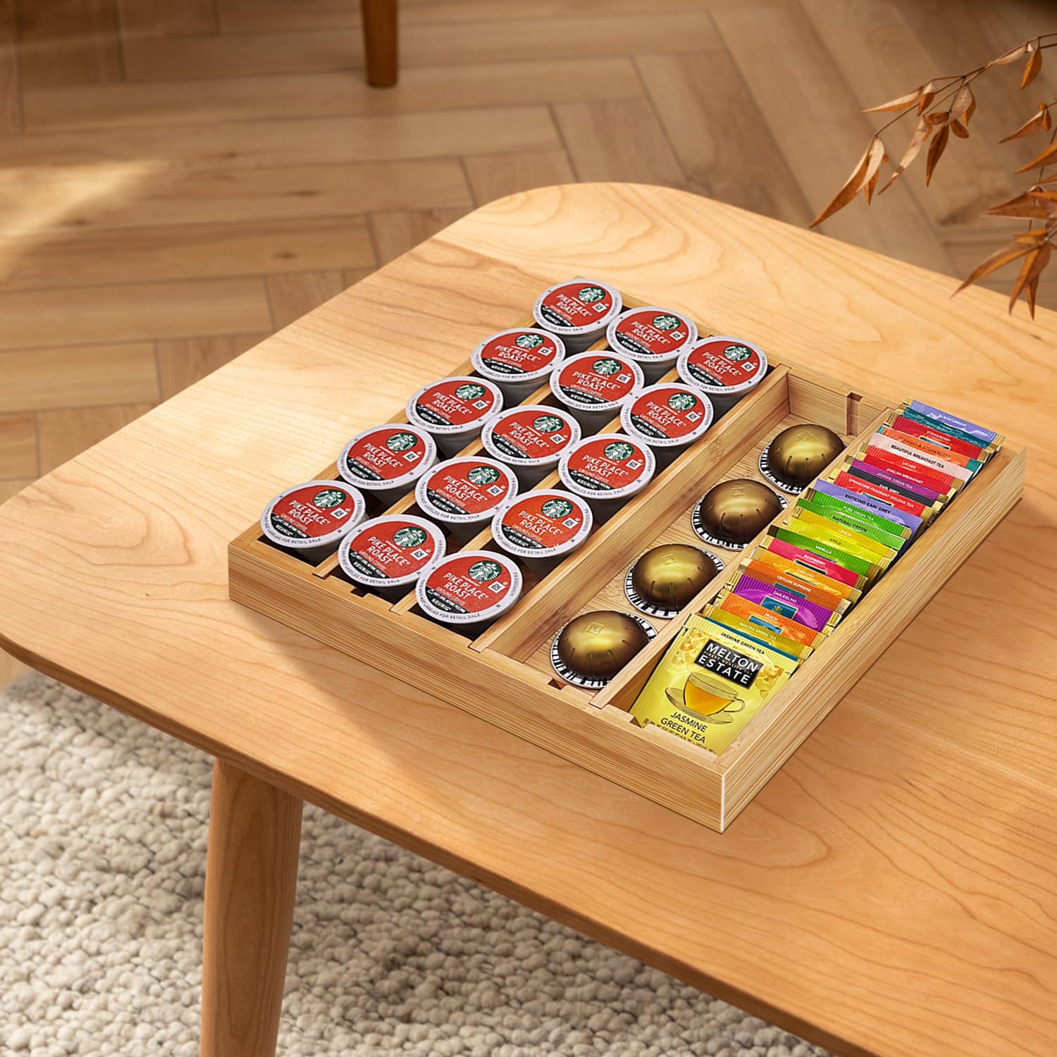 Bayting Bamboo K Cup Holder, Coffee Pod and Tea Bag Organizer for Drawer or Countertop, Adjustable K Cup or Tea Bag Organizer for Coffee Station, Up to 30 K Cups