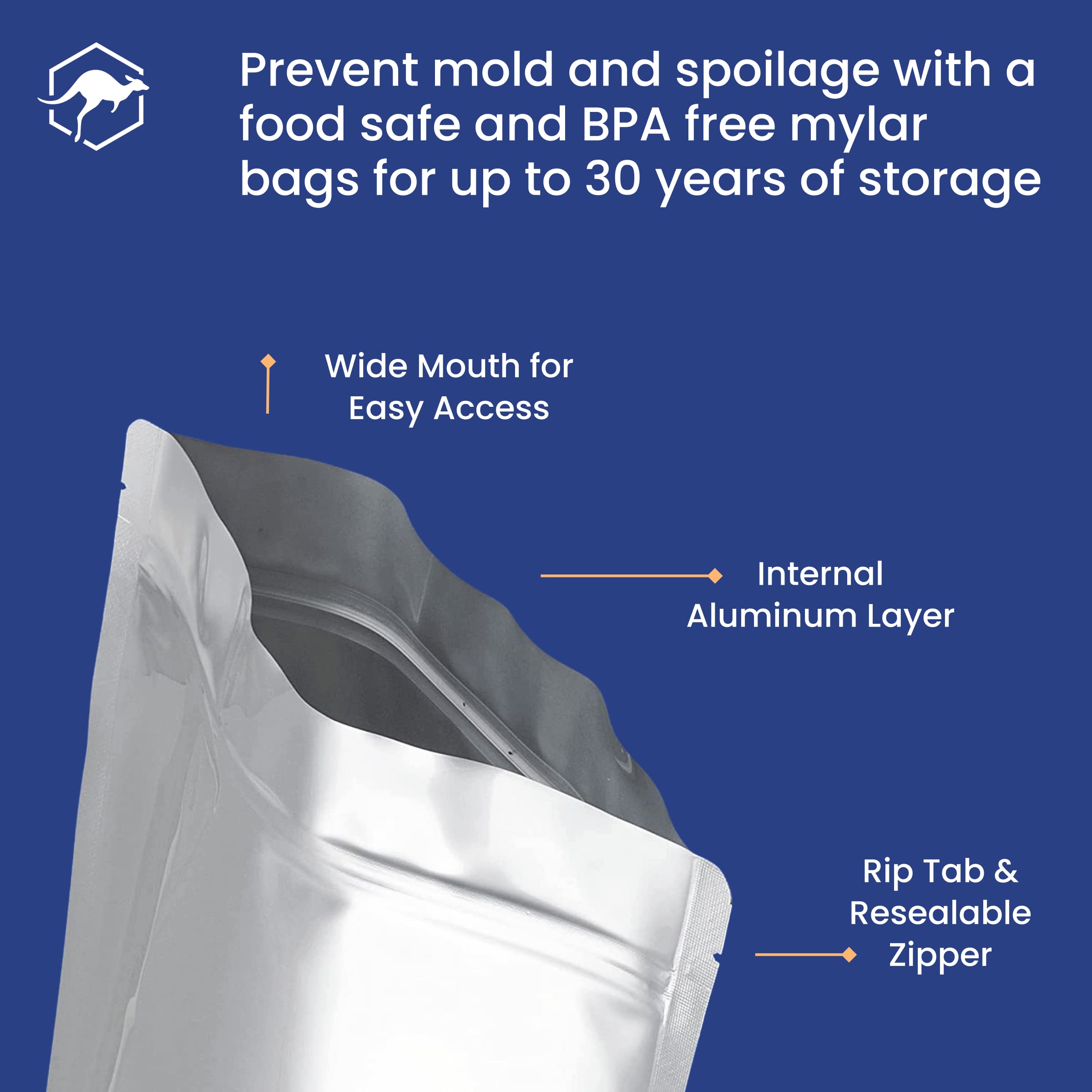 Wallaby 50 Count 1-Pint Gusset Mylar Bags with Labels, 11 Mil Total Thicker Long-Term Food Storage Pouches, 6x8 Stand-Up Zipper Heat-Sealable Airtight Packaging - Silver