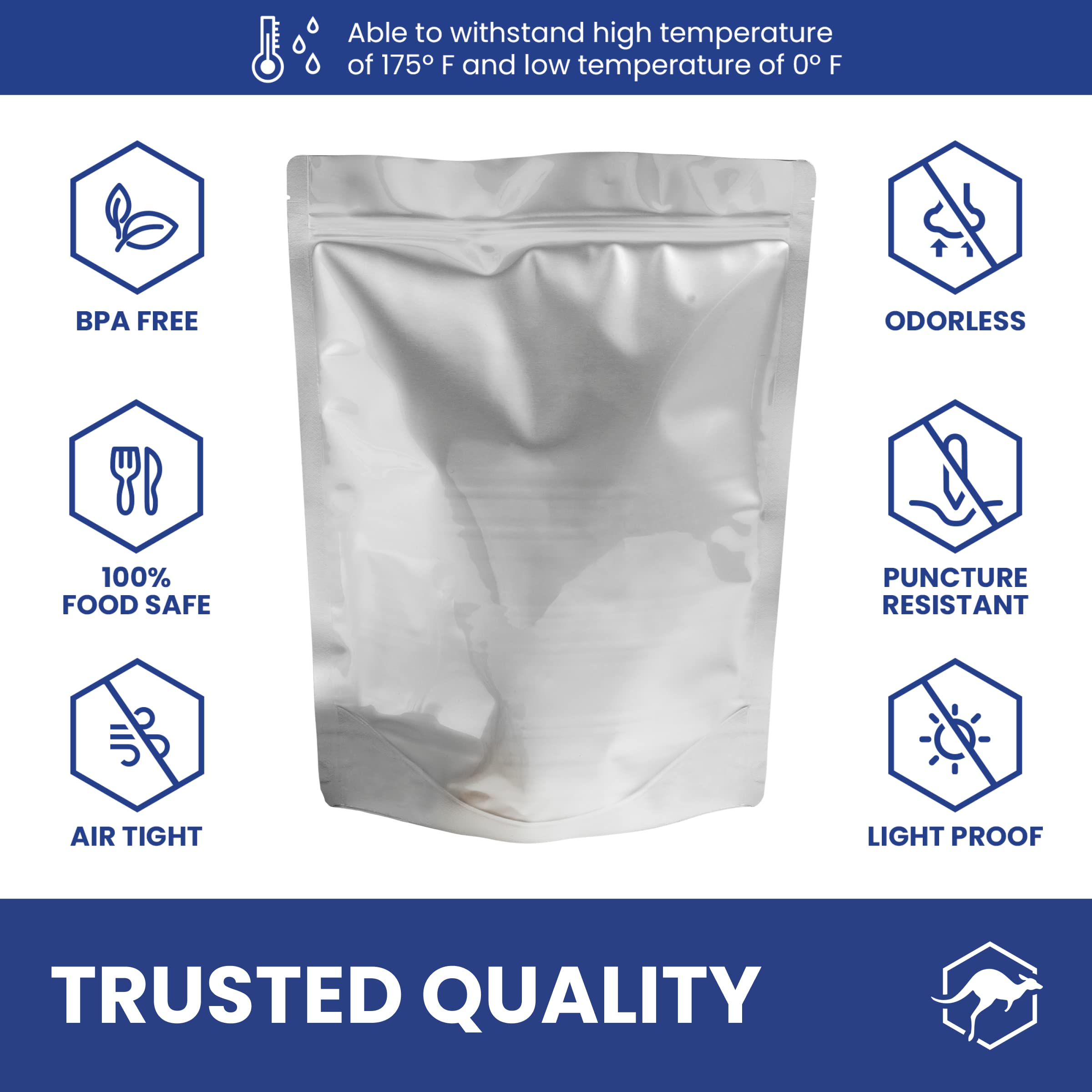 Wallaby 50 Count 1-Pint Gusset Mylar Bags with Labels, 11 Mil Total Thicker Long-Term Food Storage Pouches, 6x8 Stand-Up Zipper Heat-Sealable Airtight Packaging - Silver