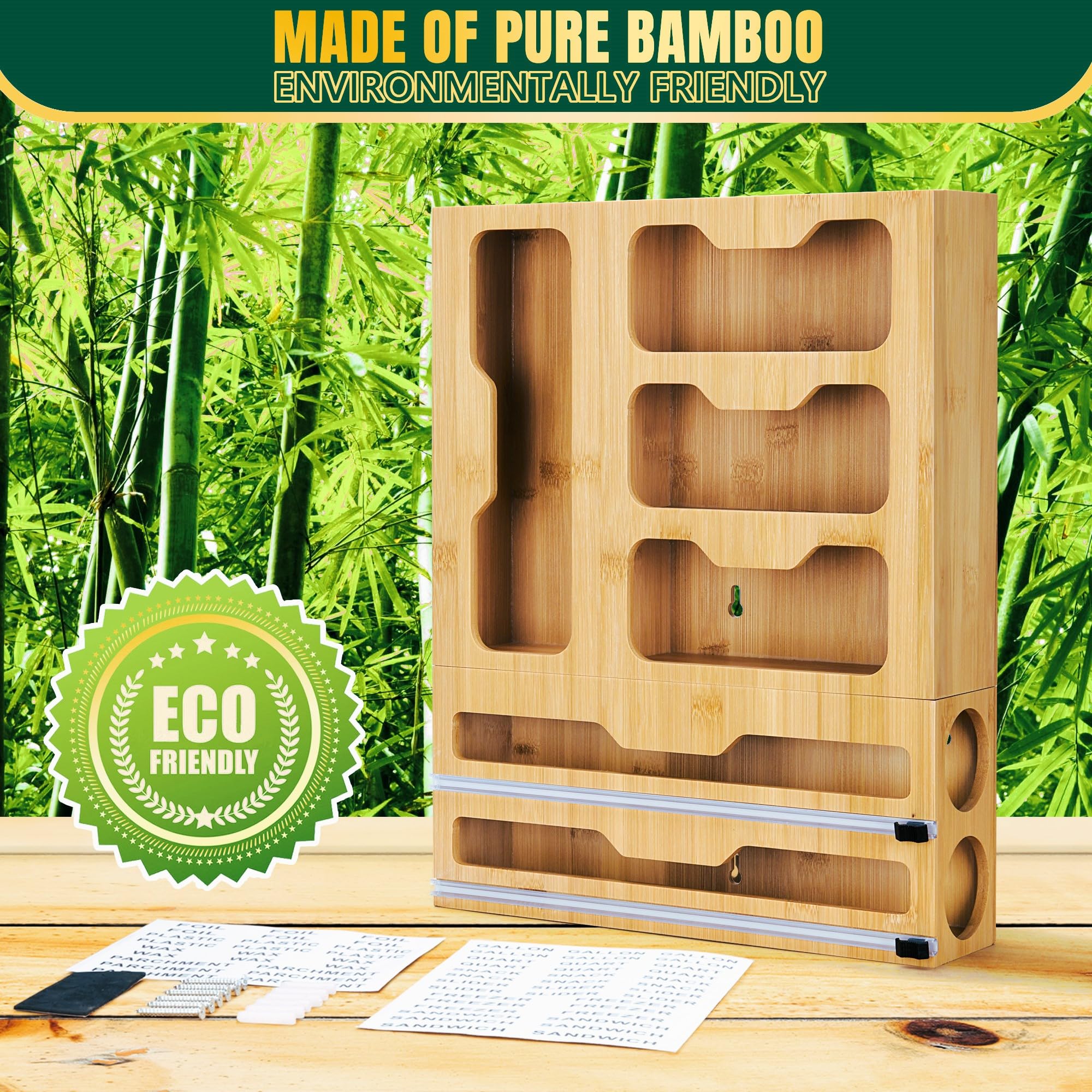 MG CUSTOM GOODS Bamboo Ziplock Bag Organizer & Plastic Wrap Dispenser with Cutter, 6 IN 1 Magnetic Kitchen Drawer Organizer for Gallon, Quart, Sandwich, Snack Bags