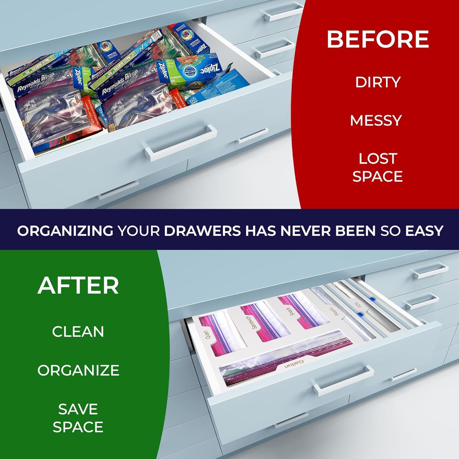 Forever Home 6 IN 1 Ziplock Bag Organizer, Bamboo Foil & Plastic Wrap Organizer for Kitchen Drawer - Compatible with Ziplock Gallon, Quart, Sandwich, Snack, Aluminum Foil etc - White
