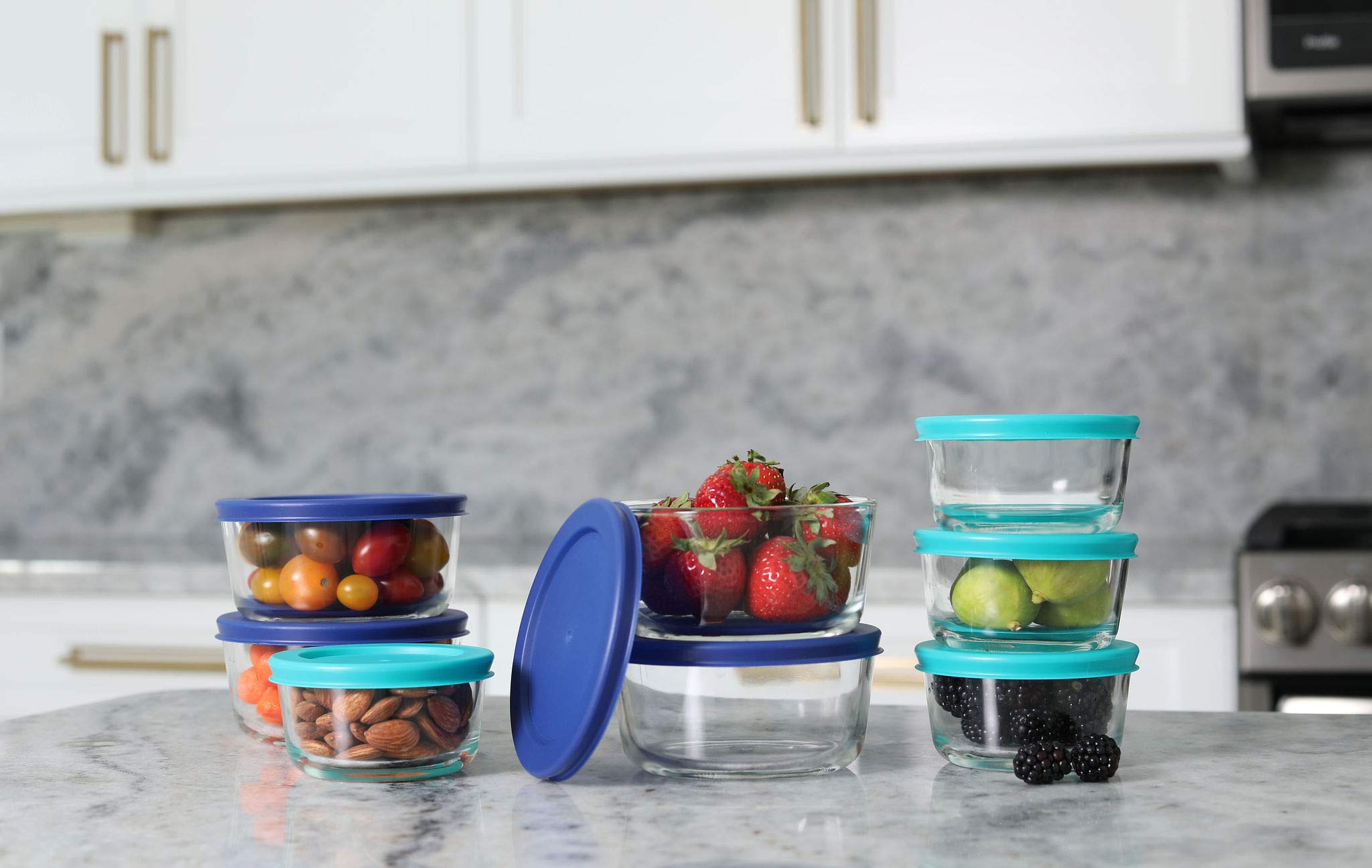 BOVADO USA 1 Cup Glass Food Storage Containers (6 Pack) | Nonpourous Dishwasher, Freezer & Oven Safe Glass, Easy-Clean | Blue Lids