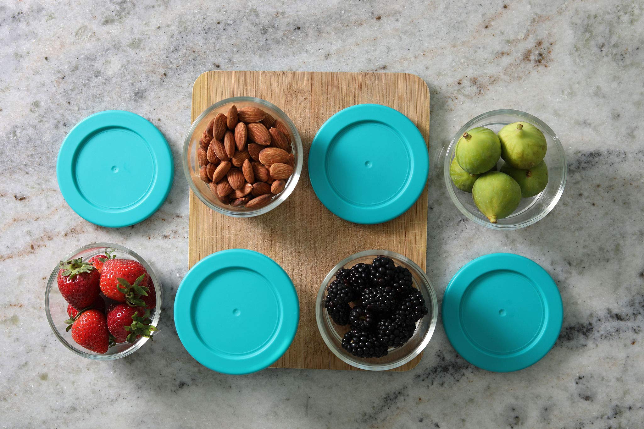 BOVADO USA 1 Cup Glass Food Storage Containers (6 Pack) | Nonpourous Dishwasher, Freezer & Oven Safe Glass, Easy-Clean | Blue Lids