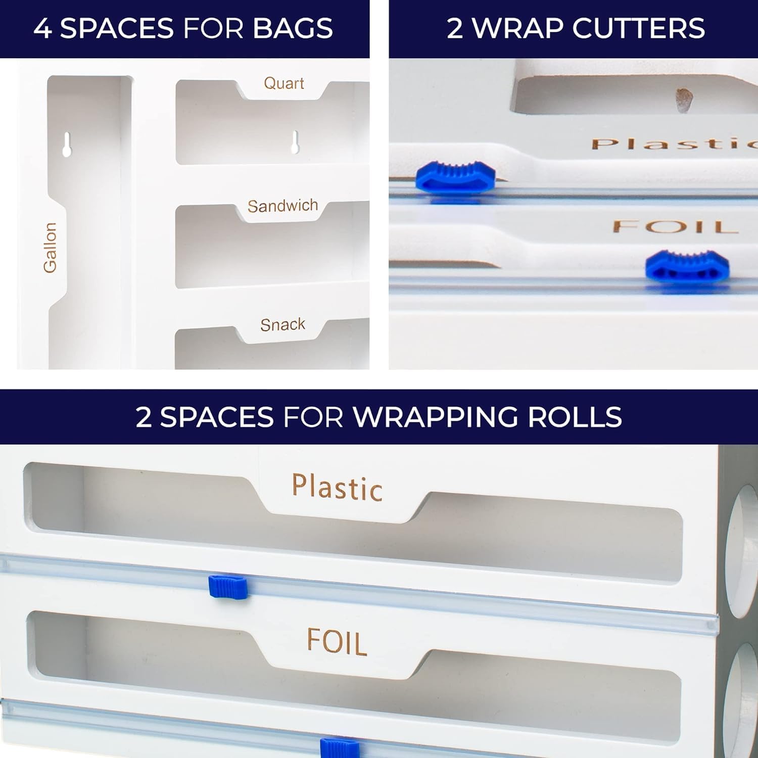 Forever Home 6 IN 1 Ziplock Bag Organizer, Bamboo Foil & Plastic Wrap Organizer for Kitchen Drawer - Compatible with Ziplock Gallon, Quart, Sandwich, Snack, Aluminum Foil etc - White