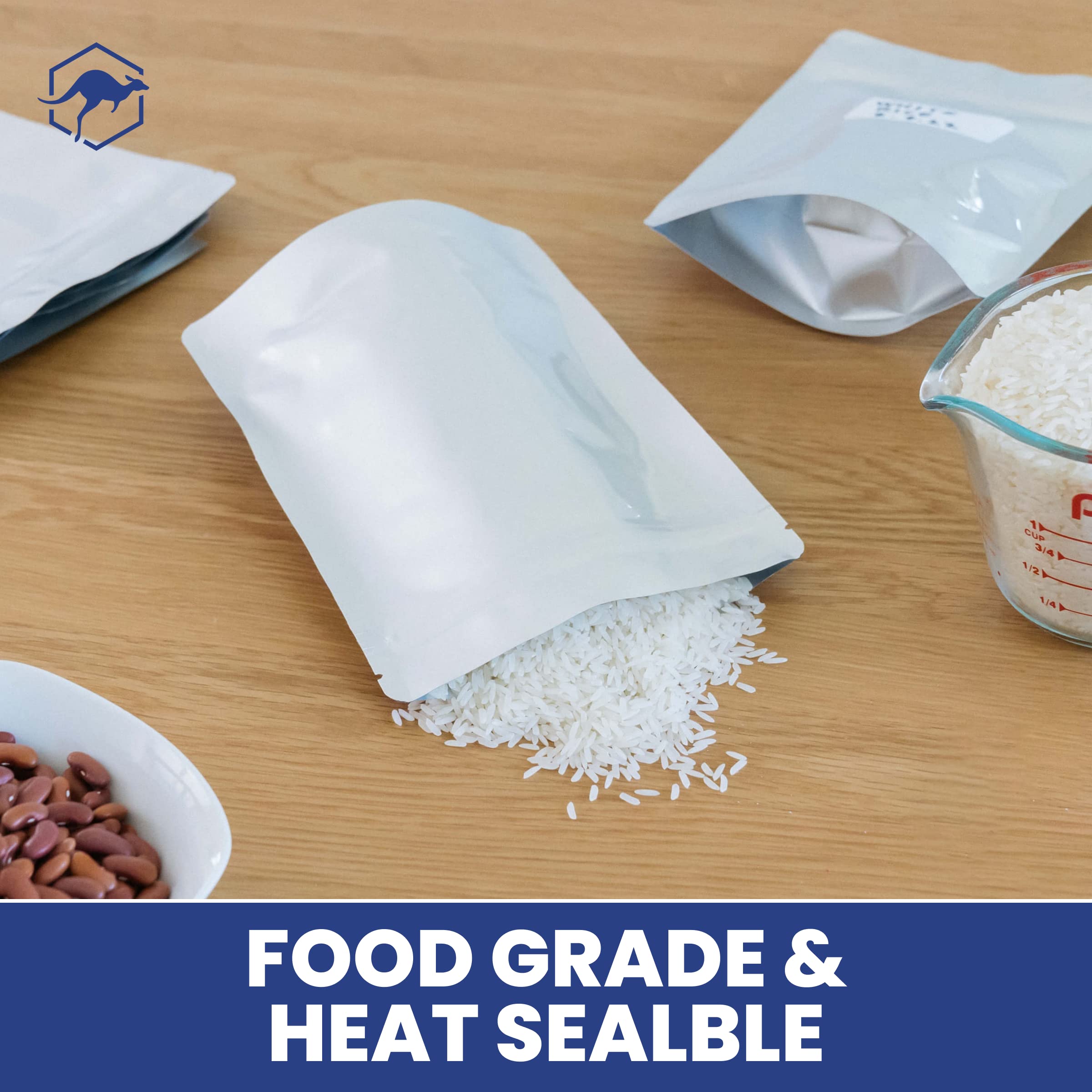 Wallaby 50 Count 1-Pint Gusset Mylar Bags with Labels, 11 Mil Total Thicker Long-Term Food Storage Pouches, 6x8 Stand-Up Zipper Heat-Sealable Airtight Packaging - Silver