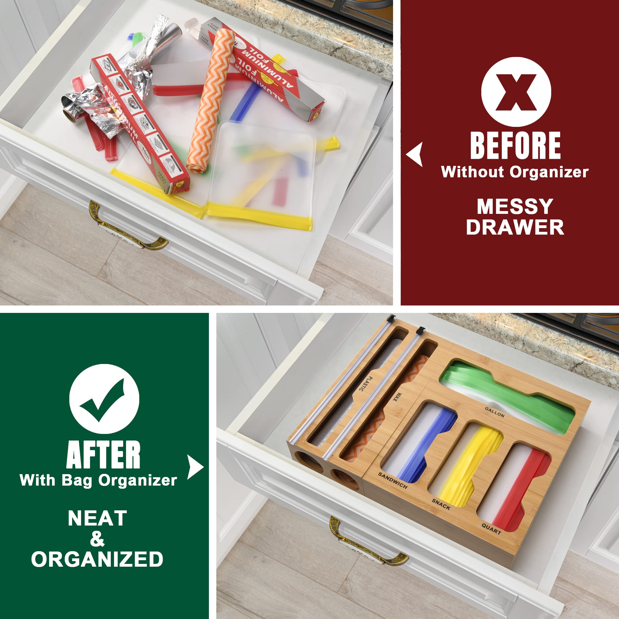 MG CUSTOM GOODS Bamboo Ziplock Bag Organizer & Plastic Wrap Dispenser with Cutter, 6 IN 1 Magnetic Kitchen Drawer Organizer for Gallon, Quart, Sandwich, Snack Bags
