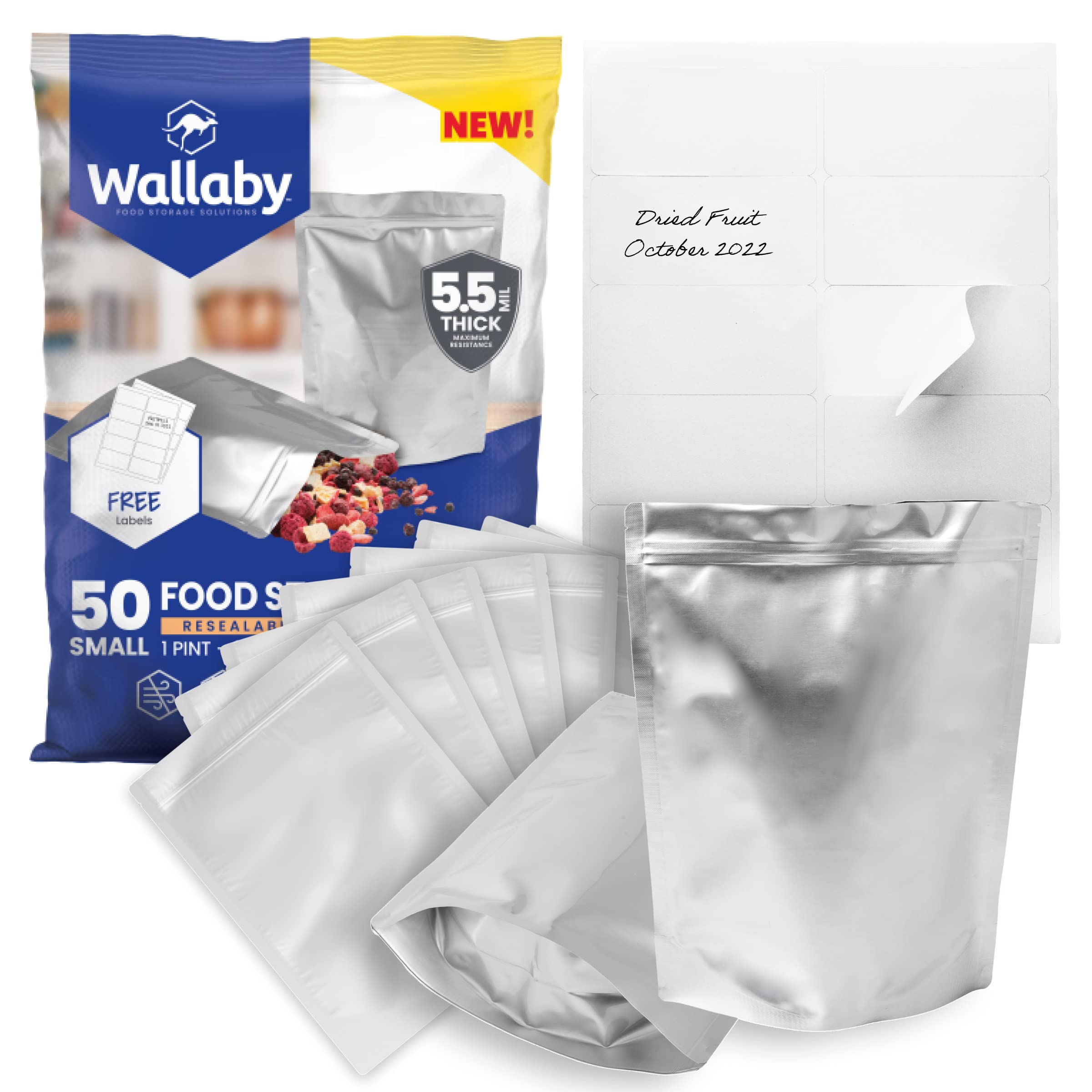 Wallaby 50 Count 1-Pint Gusset Mylar Bags with Labels, 11 Mil Total Thicker Long-Term Food Storage Pouches, 6x8 Stand-Up Zipper Heat-Sealable Airtight Packaging - Silver