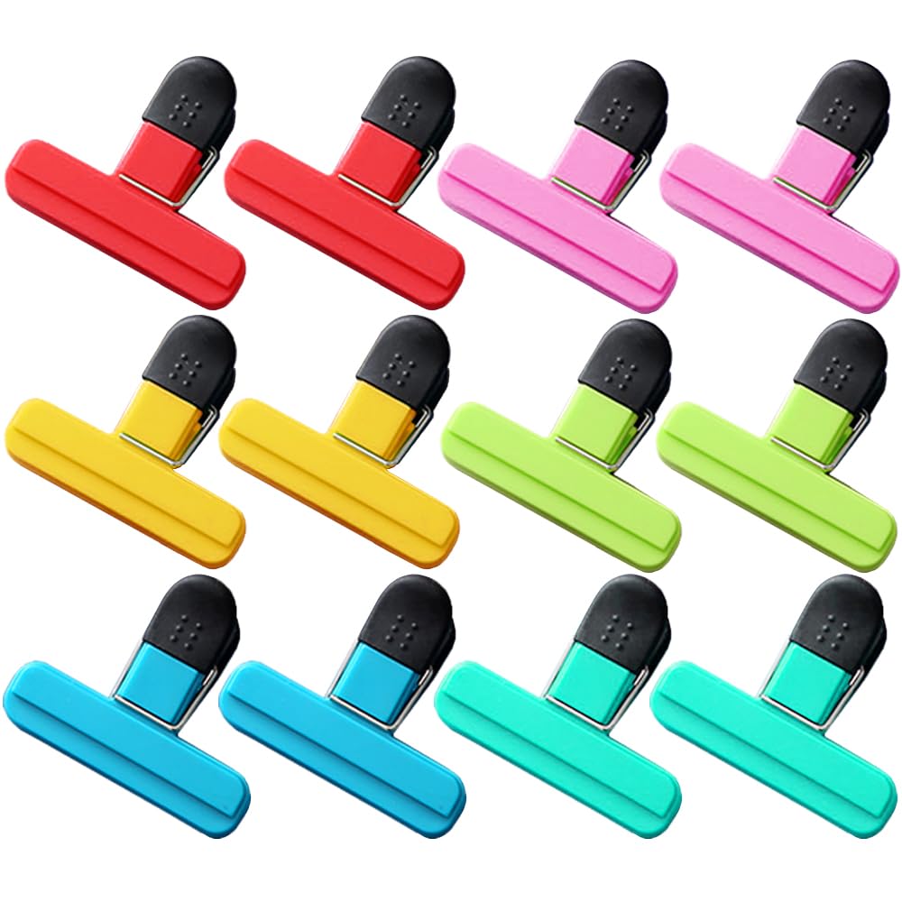 BamLue 12 Pack Bag Chip Clips, Heavy Duty Reusable Bag Seal Clips with 6 Assorted Colors Food Storage Clamps Air Tight Seal Grip for Snacks Coffee Vegetables Fruit