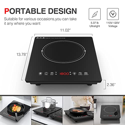 QTYANCY Portable Induction Cooktop, 110V Electric Cooktop Countertop Burner with LED Touch Screen, Overheat Protection Function Hot Plate, 9 Power and Temperature , Black Crystal Glass Surface, Timer and Safety Lock