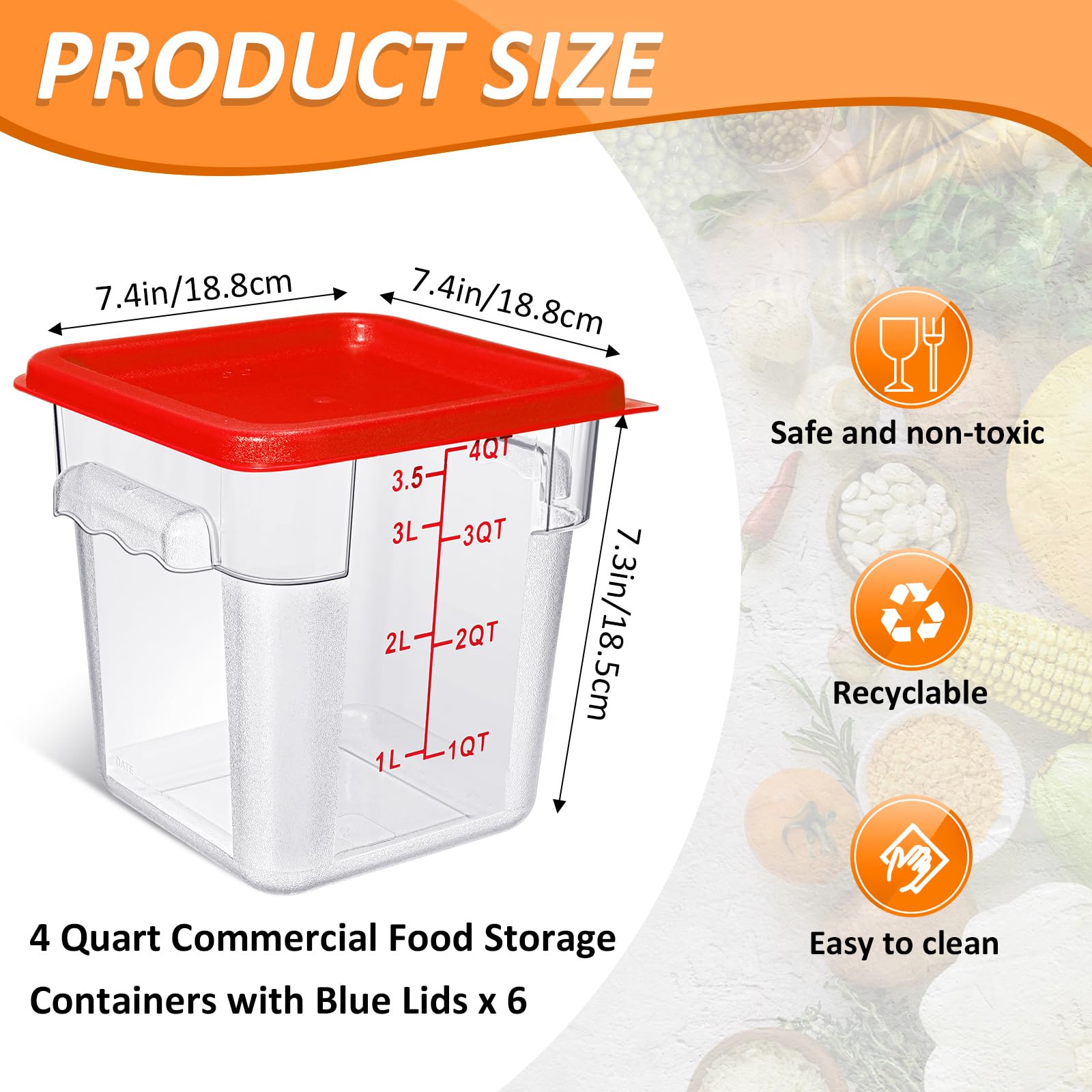 Yungyan 6 Pcs Commercial Clear Food Storage Containers 4 Qt Square Acrylic Airtight Food Storage Containers with Lids for Kitchen Restaurant Pantry Freezer Flour Sugar(Red)