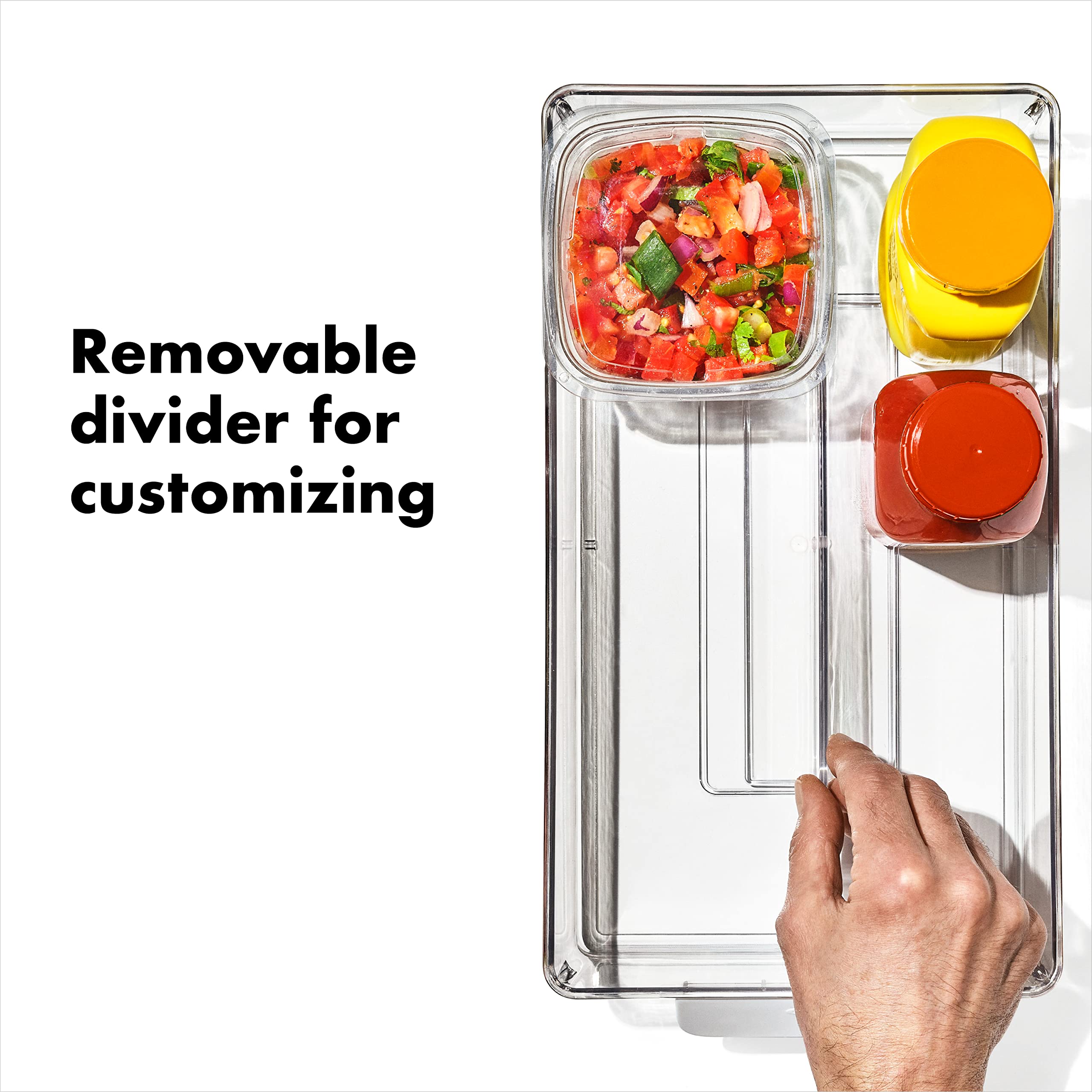 OXO Good Grips Adjustable Fridge Storage Bin - for Condiments, Juice Pouches, Snack Cups and More