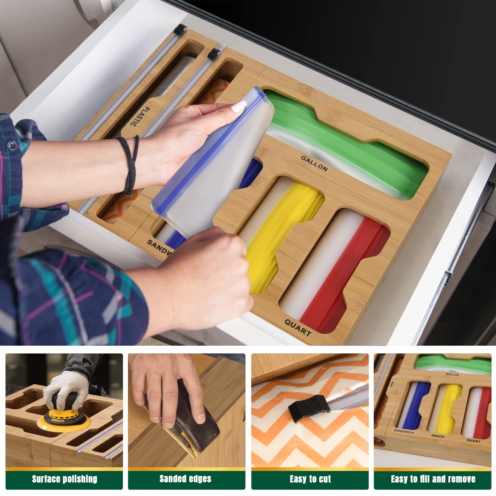 MG CUSTOM GOODS Bamboo Ziplock Bag Organizer & Plastic Wrap Dispenser with Cutter, 6 IN 1 Magnetic Kitchen Drawer Organizer for Gallon, Quart, Sandwich, Snack Bags
