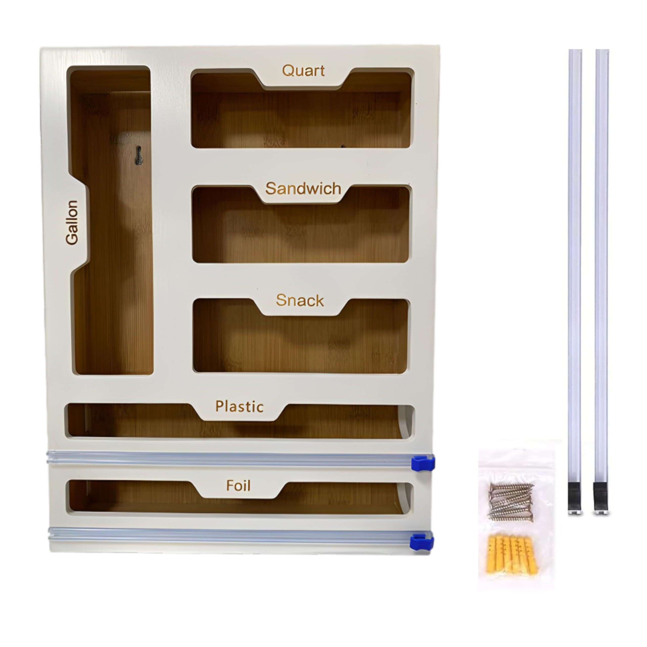 Forever Home 6 IN 1 Ziplock Bag Organizer, Bamboo Foil & Plastic Wrap Organizer for Kitchen Drawer - Compatible with Ziplock Gallon, Quart, Sandwich, Snack, Aluminum Foil etc - White