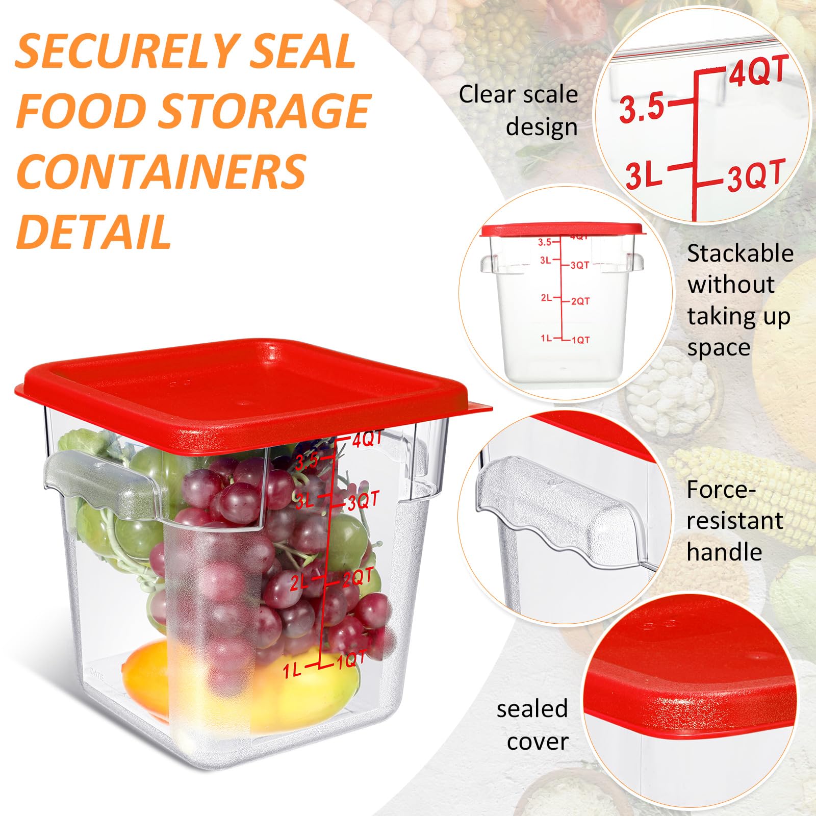 Yungyan 6 Pcs Commercial Clear Food Storage Containers 4 Qt Square Acrylic Airtight Food Storage Containers with Lids for Kitchen Restaurant Pantry Freezer Flour Sugar(Red)