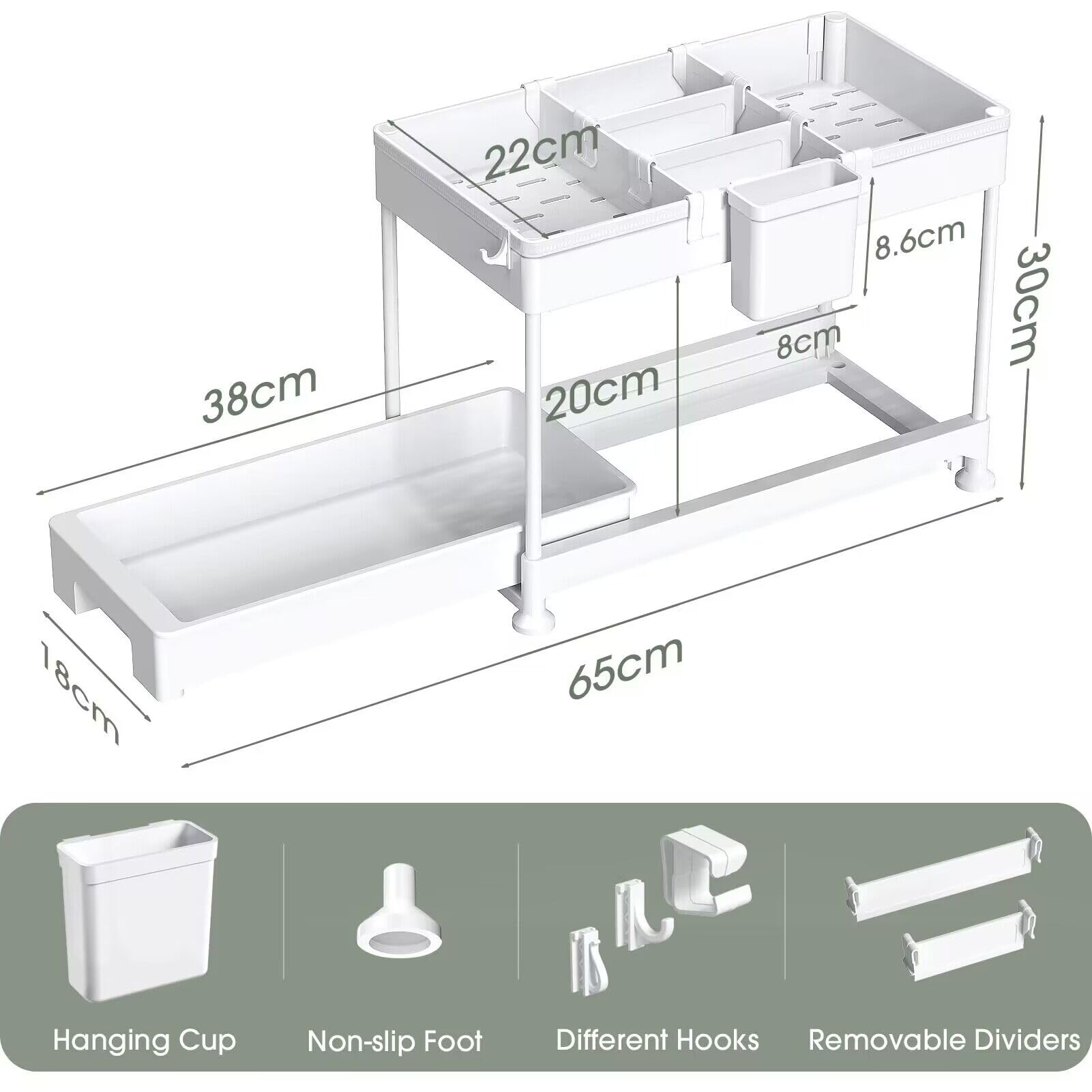 SPACEKEEPER Under Sink Organizer, Sliding Cabinet Basket Organizer 2 Tier Under Bathroom Storage Rack with Hooks, Hanging Cup, Dividers, Multi-purpose Storage Shelf for Bathroom Kitchen, White