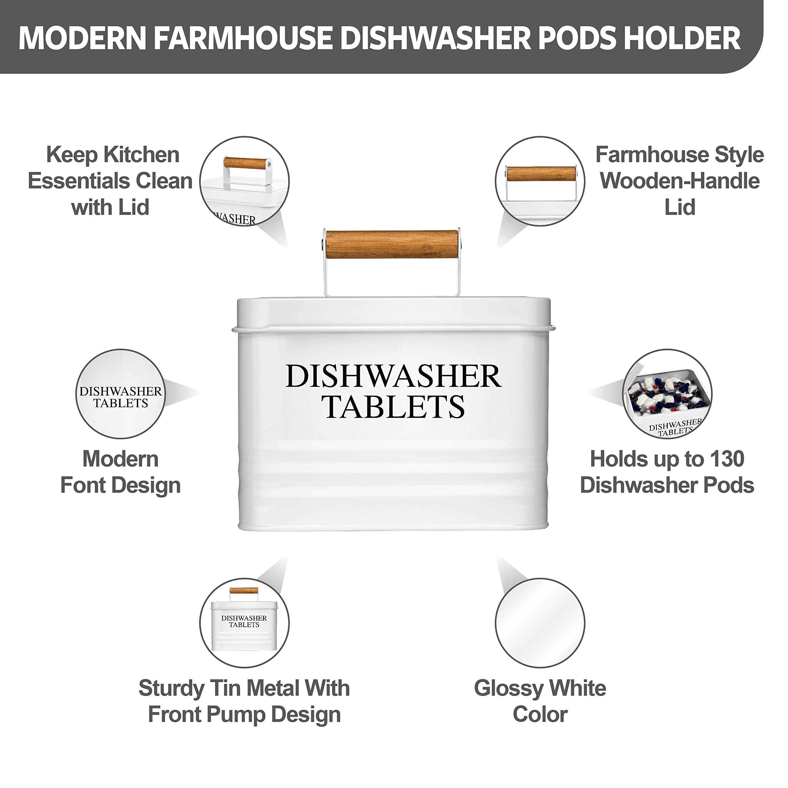 Calindiana Modern Farmhouse Metal Dishwasher Pods Container Holder with Lid for Kitchen Organization and Storage, Kitchen Essentials Decor Accessories, White