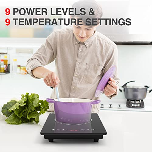 QTYANCY Portable Induction Cooktop, 110V Electric Cooktop Countertop Burner with LED Touch Screen, Overheat Protection Function Hot Plate, 9 Power and Temperature , Black Crystal Glass Surface, Timer and Safety Lock