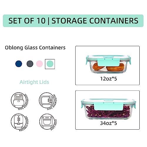 YANGNAY 10 Pack Glass Meal Prep Containers with Steam Vent, Food Storage Containers with Airtight Lids, Dishwasher/Microwave/Oven/Freezer Safe Glass Containers for Leftovers (Green)