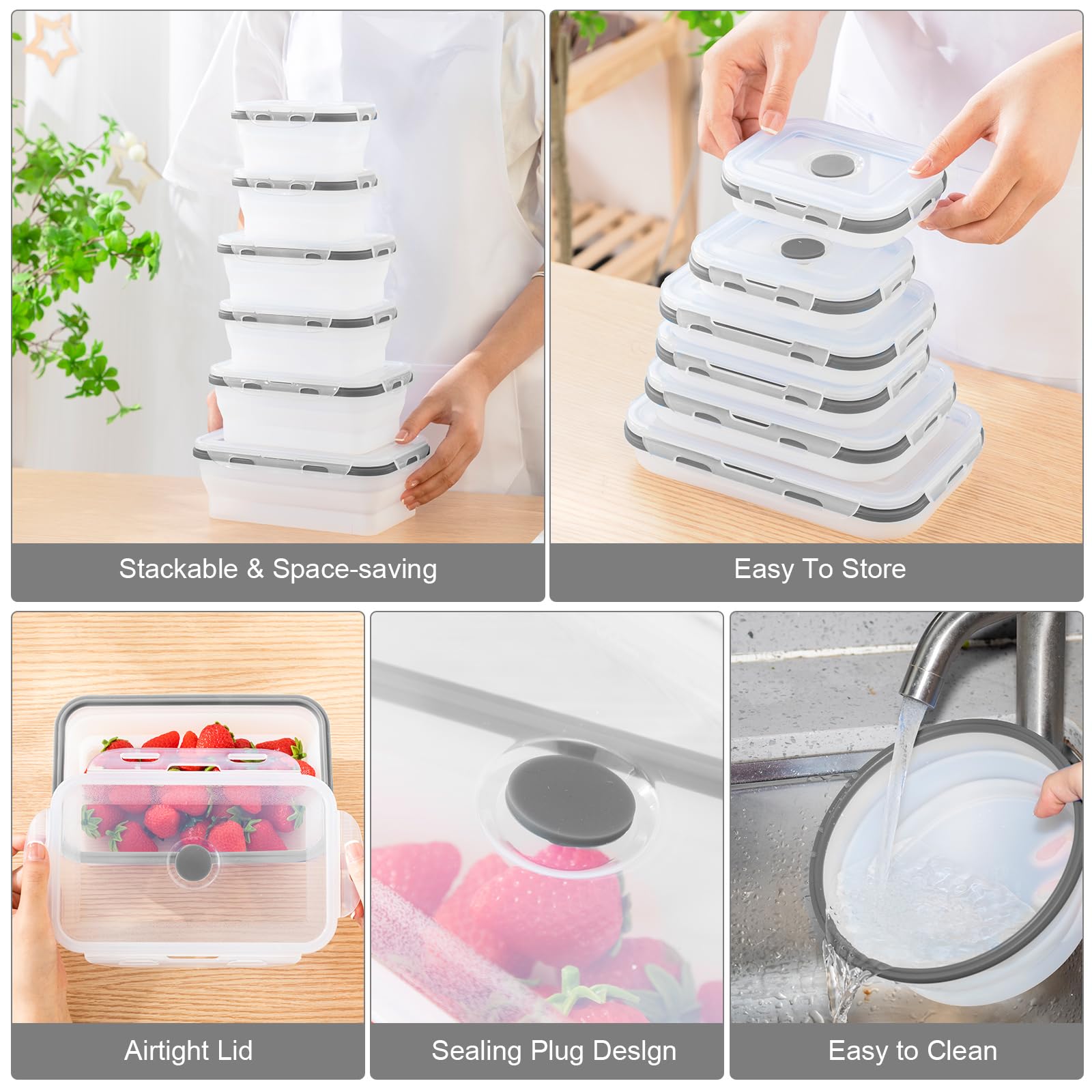 Dandat 12 Silicone Collapsible Food Storage Containers Foldable Silicone Lunch Container 6 Rectangle and 6 Round Airtight Collapsible Bowl with Lid Set for Kitchen Microwave (Translucence Gray)