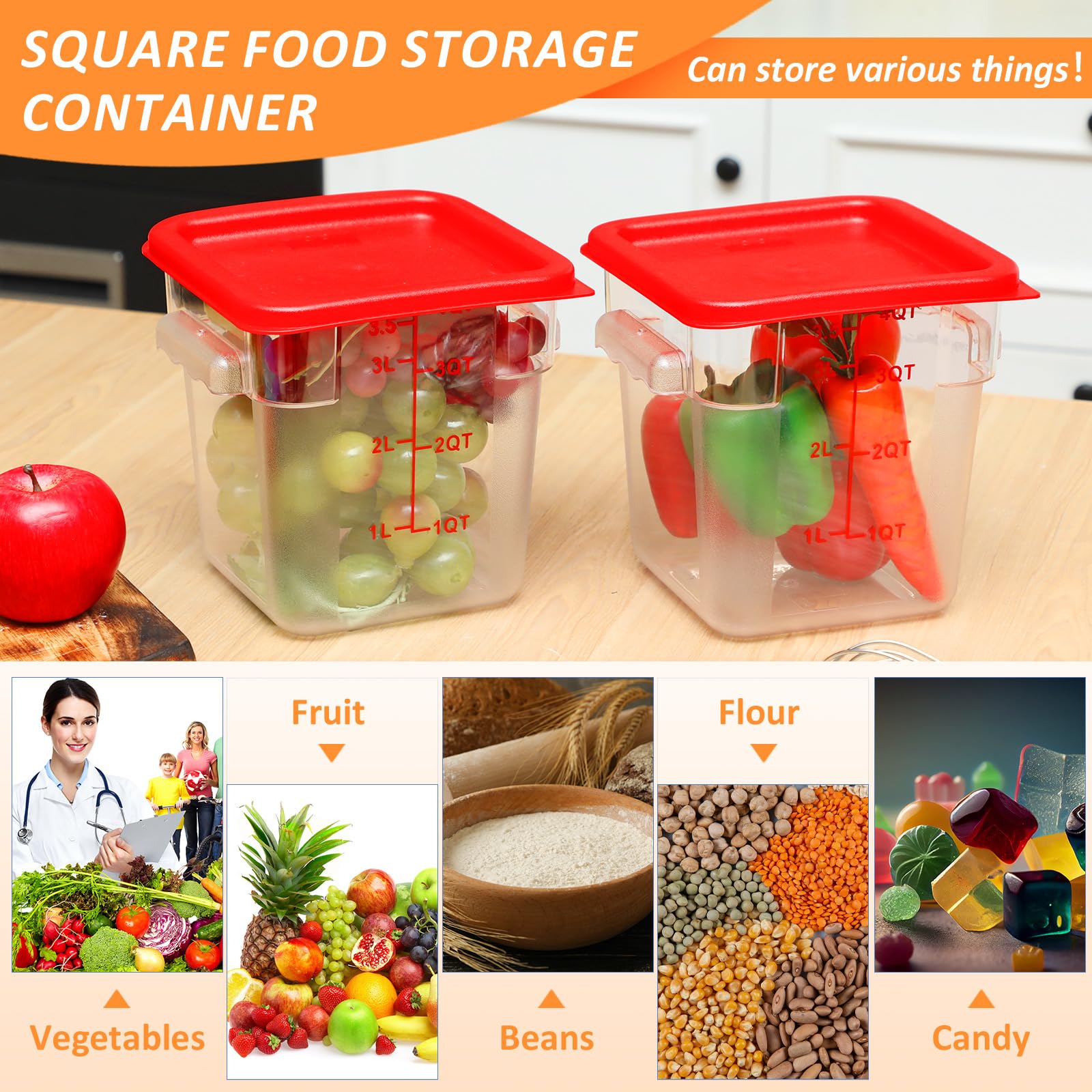 Yungyan 6 Pcs Commercial Clear Food Storage Containers 4 Qt Square Acrylic Airtight Food Storage Containers with Lids for Kitchen Restaurant Pantry Freezer Flour Sugar(Red)