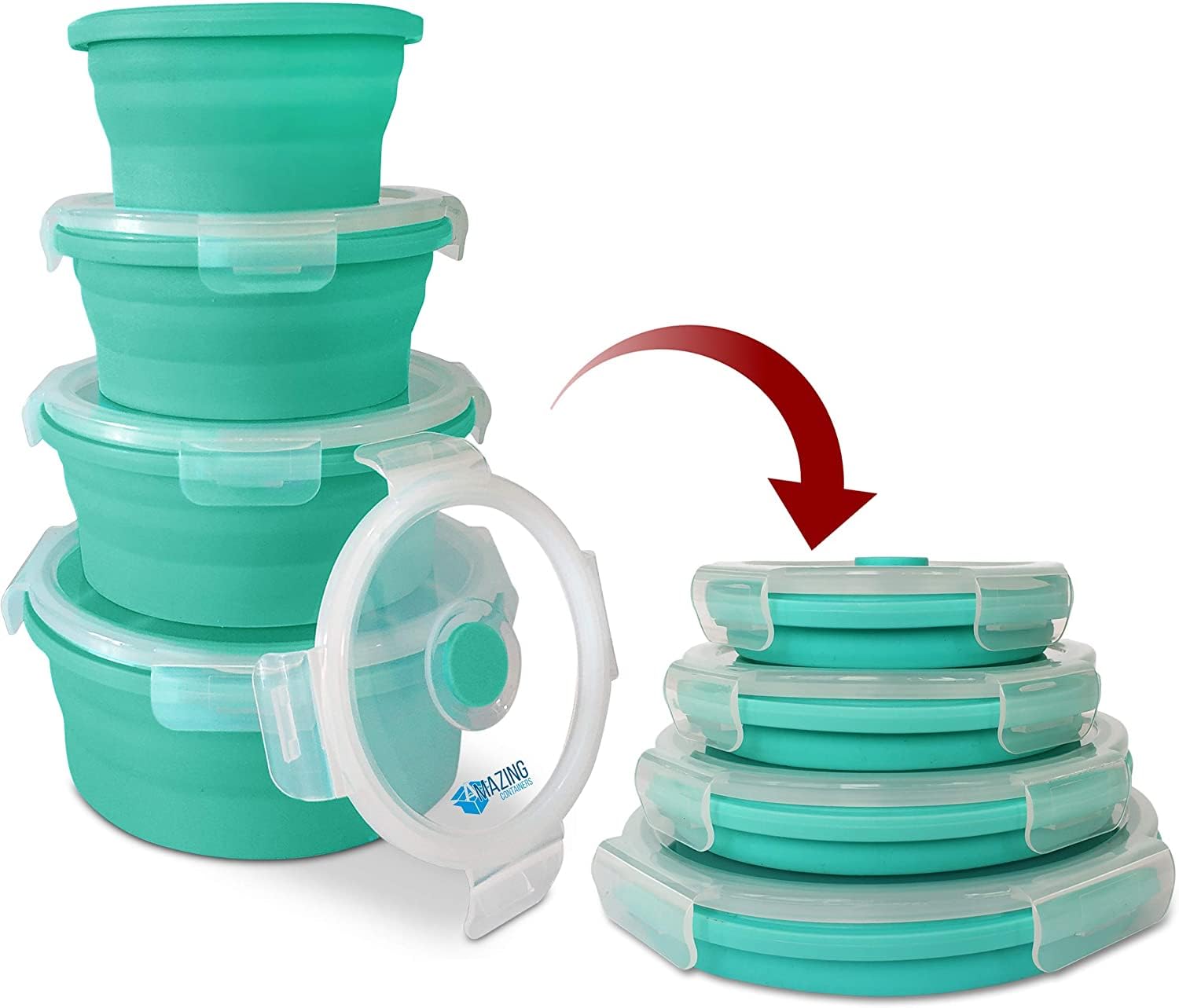 Amazing Containers Collapsible Silicone Food Storage Container Set of 4 with Lids | Stackable | Microwaveable | Freezer, Dishwasher Safe| BPA Free