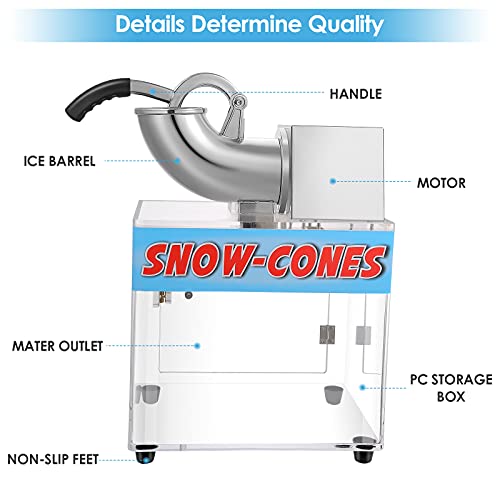 250W Electric Stainless Ice Shaver Machine 440 LBS/H Snow Cone Machine Commercial 110V Snow Cone Maker Ice Crusher with Safety On,Off Switch for Family,Restaurants Bars