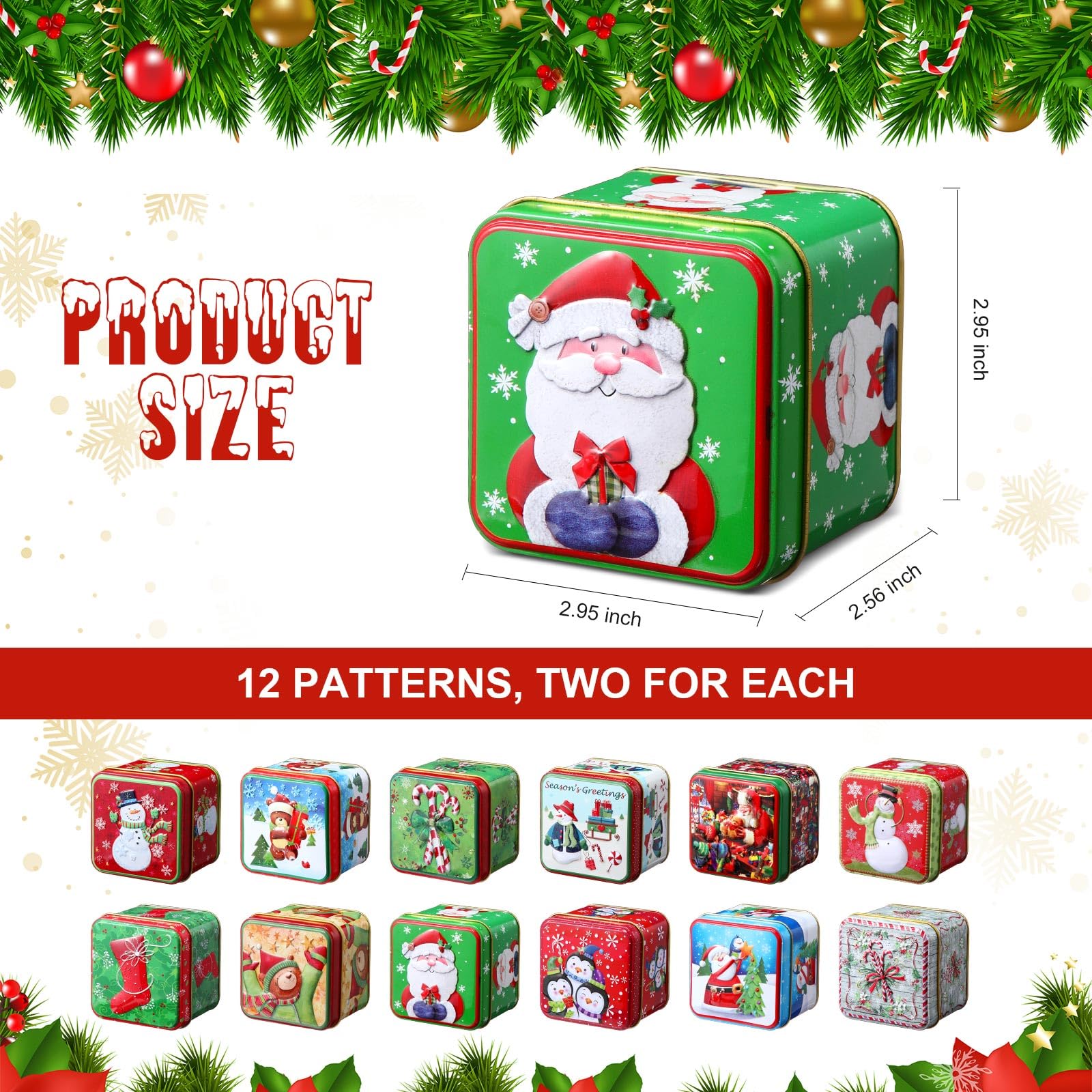Lallisa 24 Pcs Christmas Cookie Tins with Lids 12 Styles Square Xmas Candy Tin Set Small Metal Candy Box Mini Tinplate Cookie Candy Boxes for Gift Giving Holiday Party Favors, 2.95 x 2.95 x 2.56 Inch