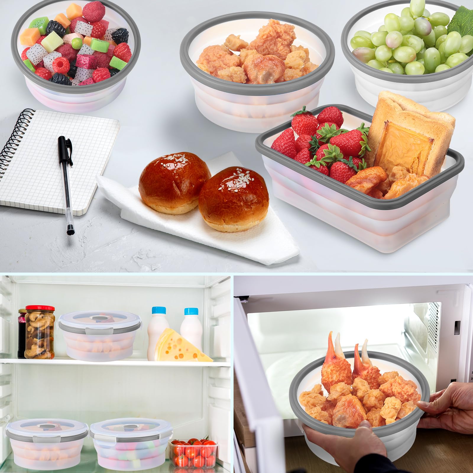 Dandat 12 Silicone Collapsible Food Storage Containers Foldable Silicone Lunch Container 6 Rectangle and 6 Round Airtight Collapsible Bowl with Lid Set for Kitchen Microwave (Translucence Gray)