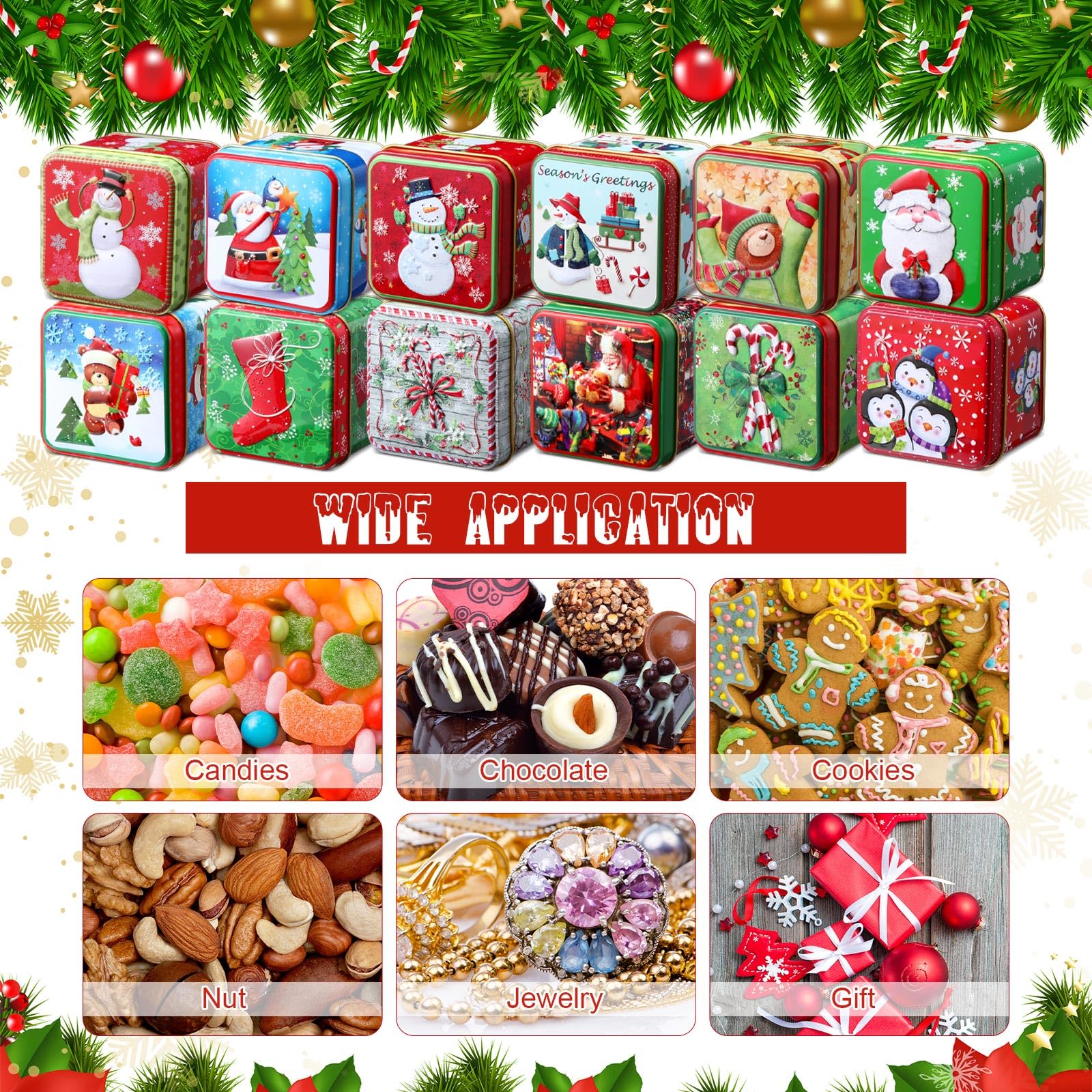 Lallisa 24 Pcs Christmas Cookie Tins with Lids 12 Styles Square Xmas Candy Tin Set Small Metal Candy Box Mini Tinplate Cookie Candy Boxes for Gift Giving Holiday Party Favors, 2.95 x 2.95 x 2.56 Inch