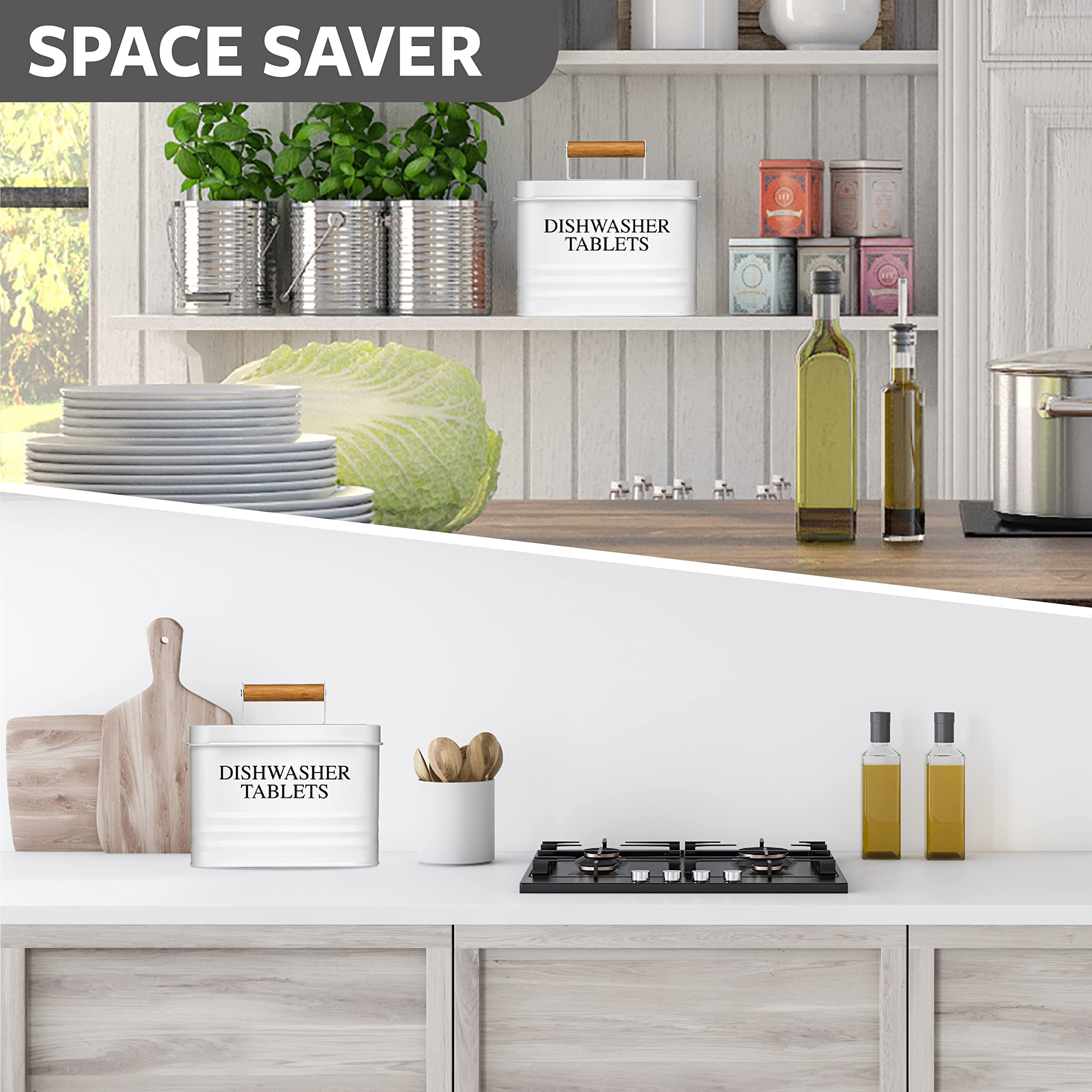 Calindiana Modern Farmhouse Metal Dishwasher Pods Container Holder with Lid for Kitchen Organization and Storage, Kitchen Essentials Decor Accessories, White